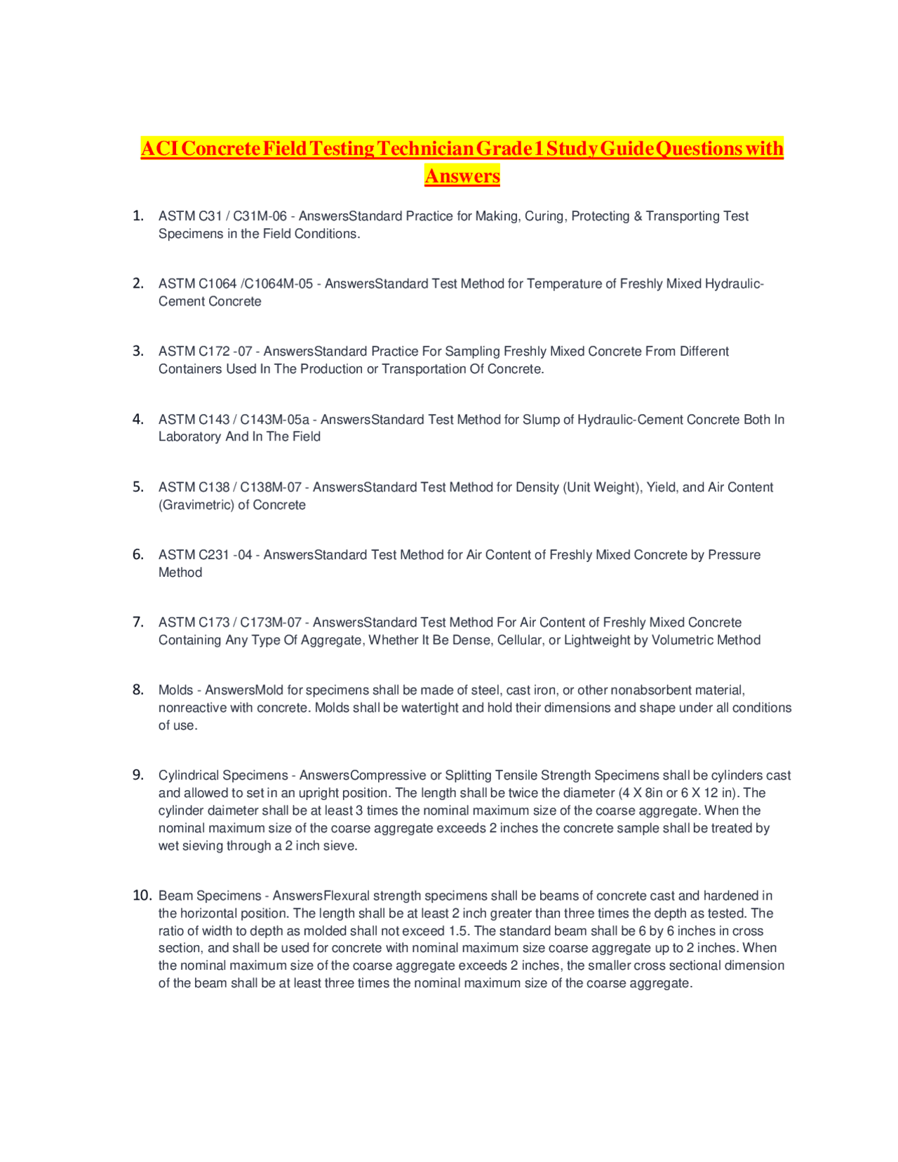 ACI Concrete Field Testing Technician Grade 1 Study Guide Questions ...