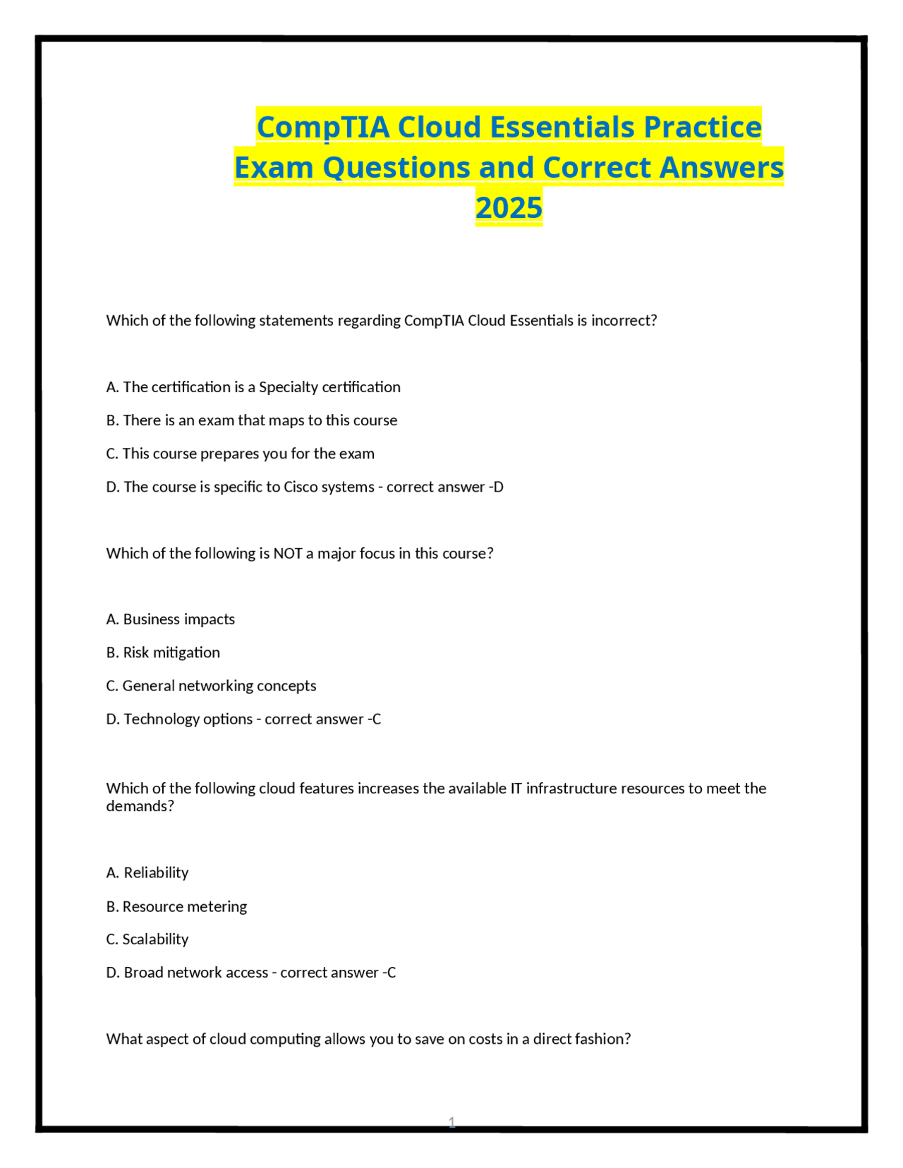 CompTIA Cloud Essentials Practice Exam Questions and Correct Answers ...