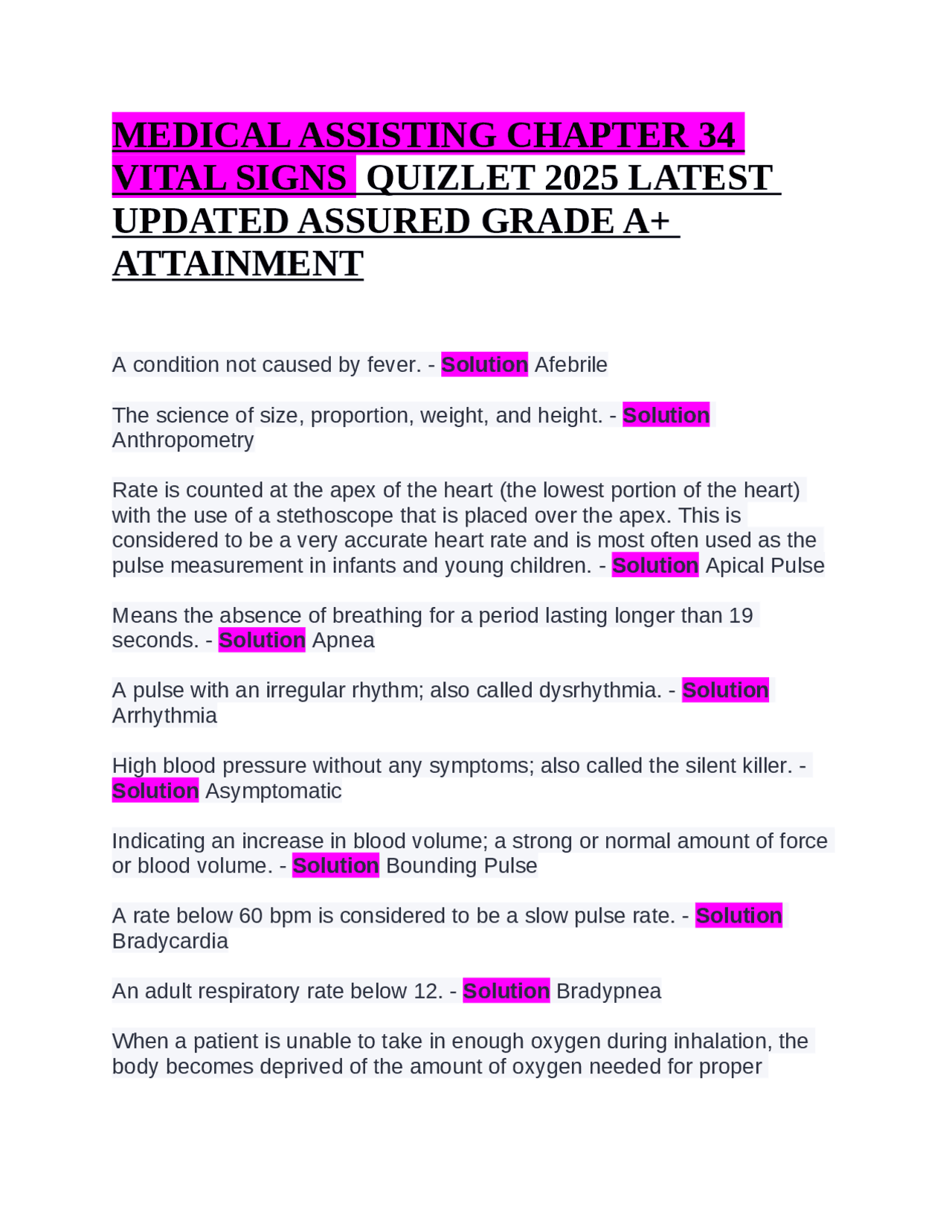 Medical Assisting: Vital Signs - Quizlet Study Guide | Exams Nursing ...