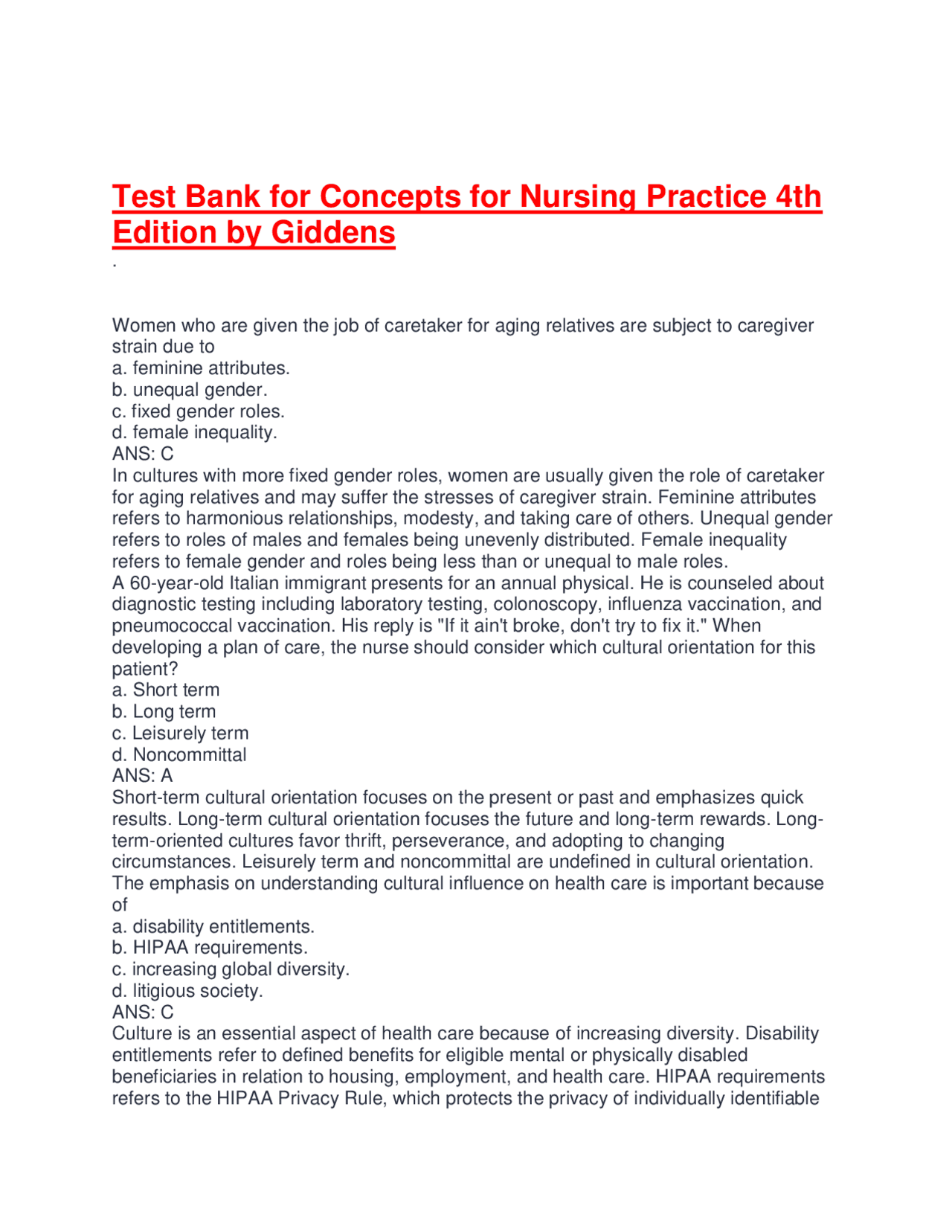 Test Bank for Concepts for Nursing Practice 4th Edition by Giddens ...