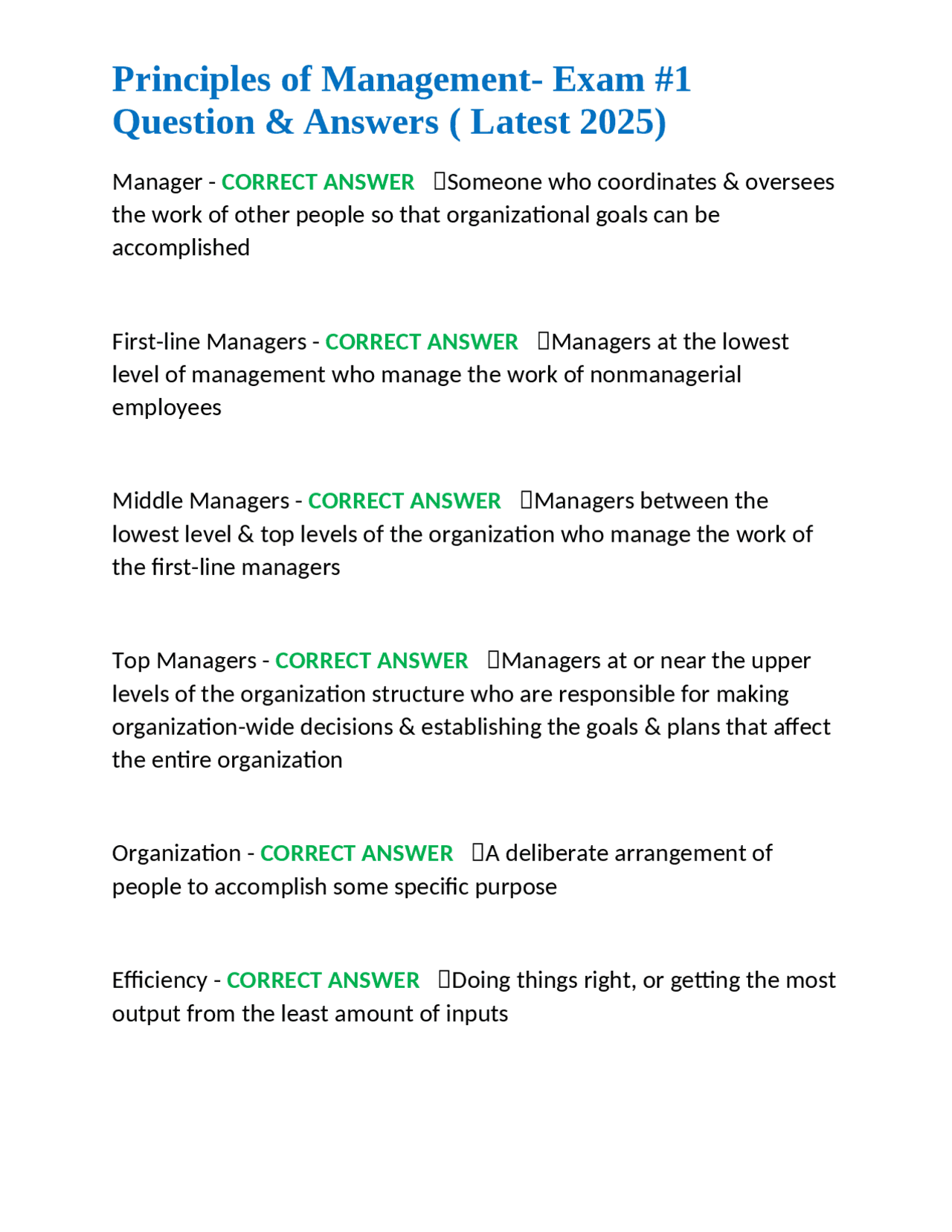 Principles of Management- Exam #1 Question & Answers ( Latest 2025 ...