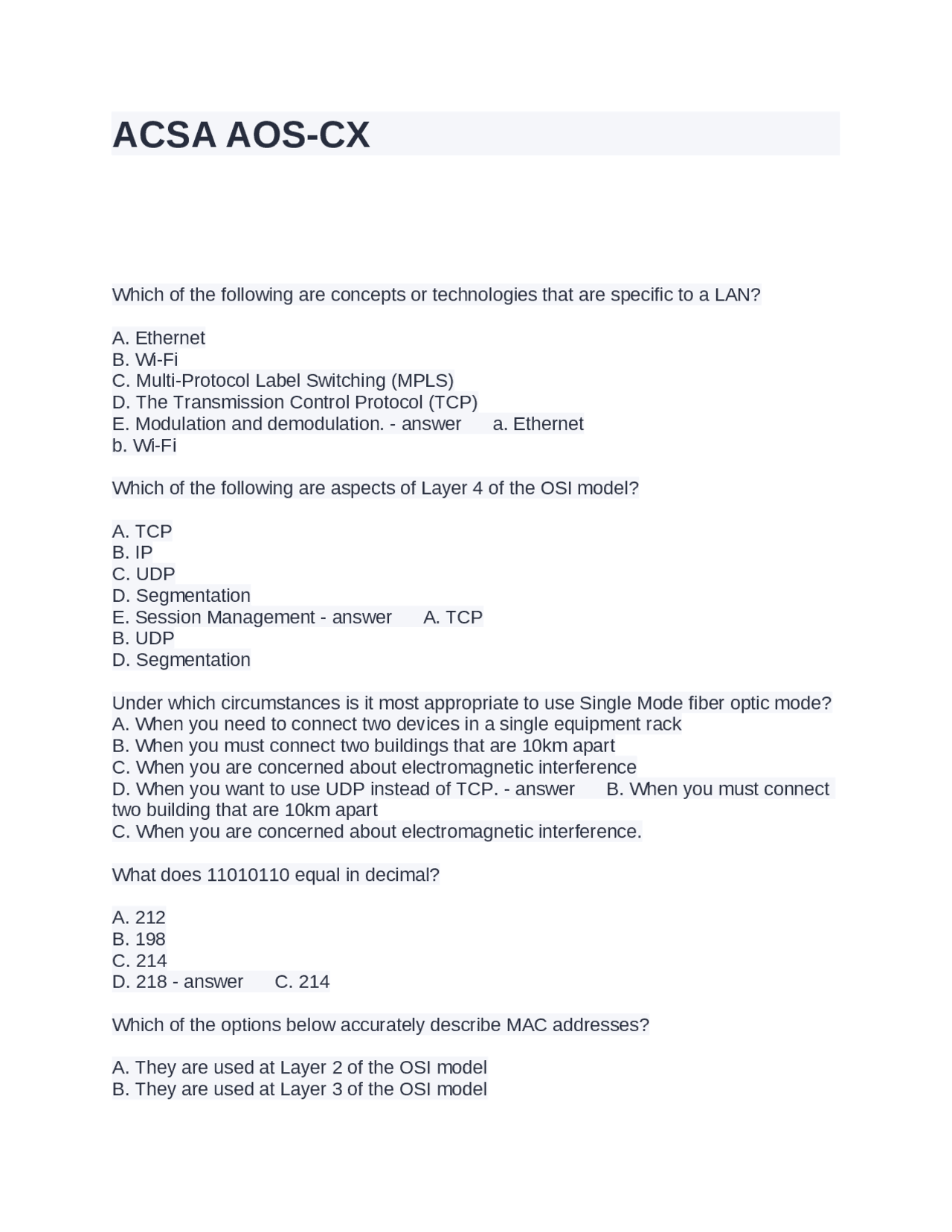 ACSA AOS-CX Networking Concepts and Technologies: Multiple Choice Questions and Answers | Exams ...