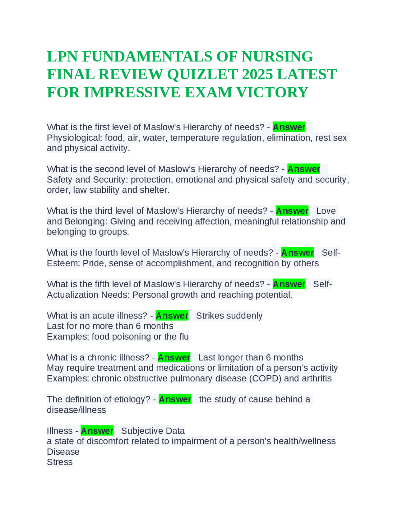 LPN FUNDAMENTALS OF NURSING FINAL REVIEW QUIZLET 2025 LATEST FOR ...