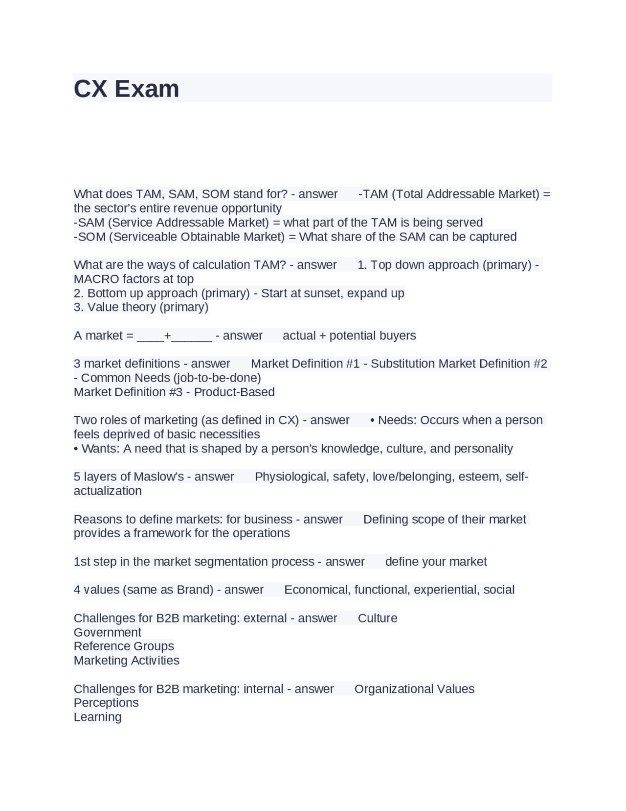 CX Exam Questions and Answers Correct | Exams Advanced Education | Docsity