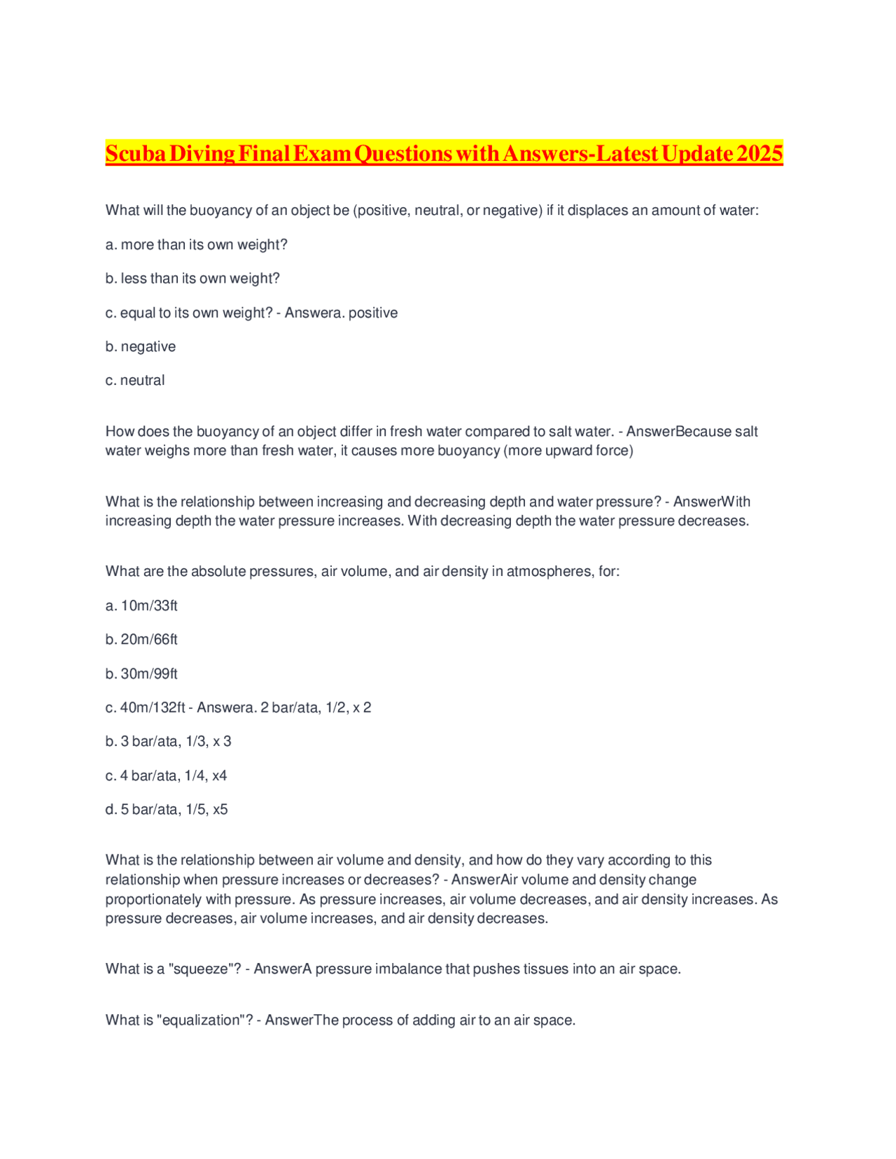 Scuba Diving Final Exam Questions with Answers-Latest Update 2025 ...
