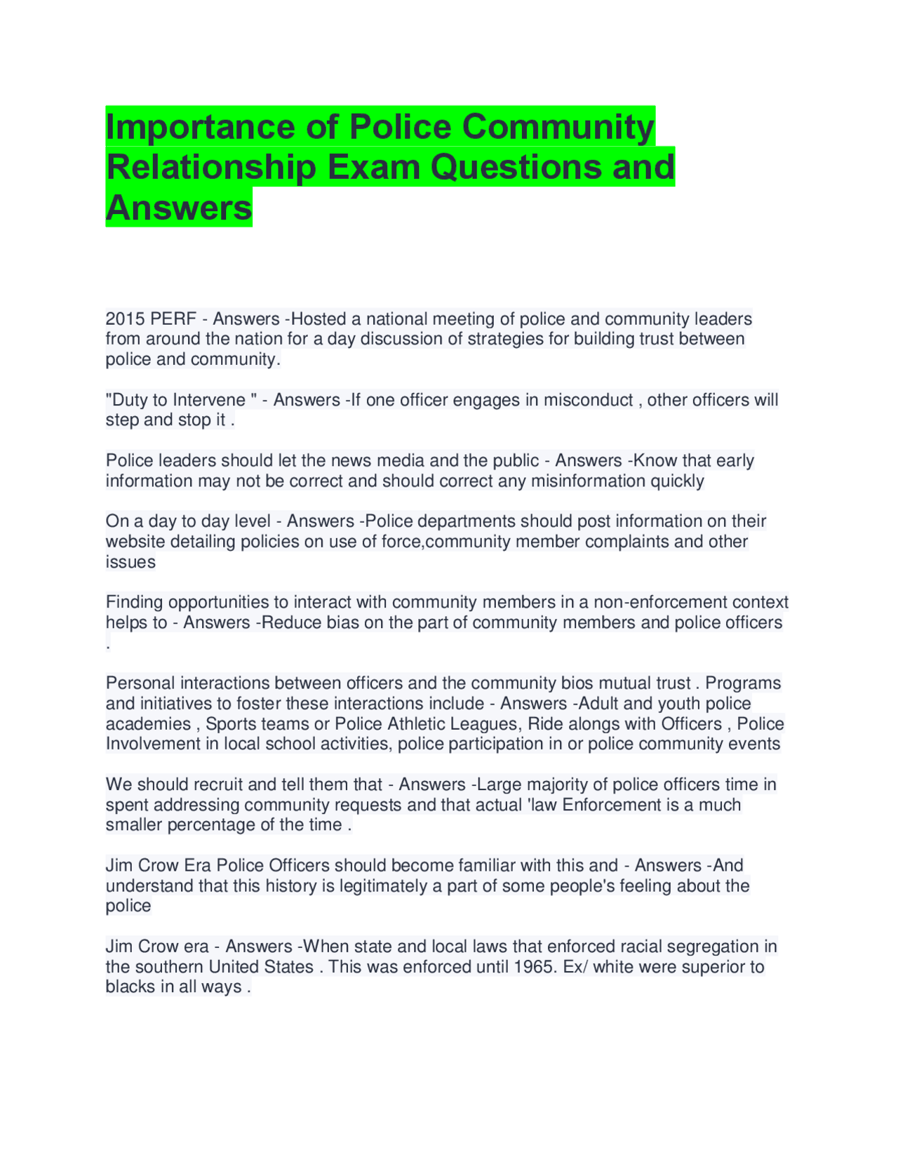 Importance of Police Community Relationship: Exam Questions and Answers ...