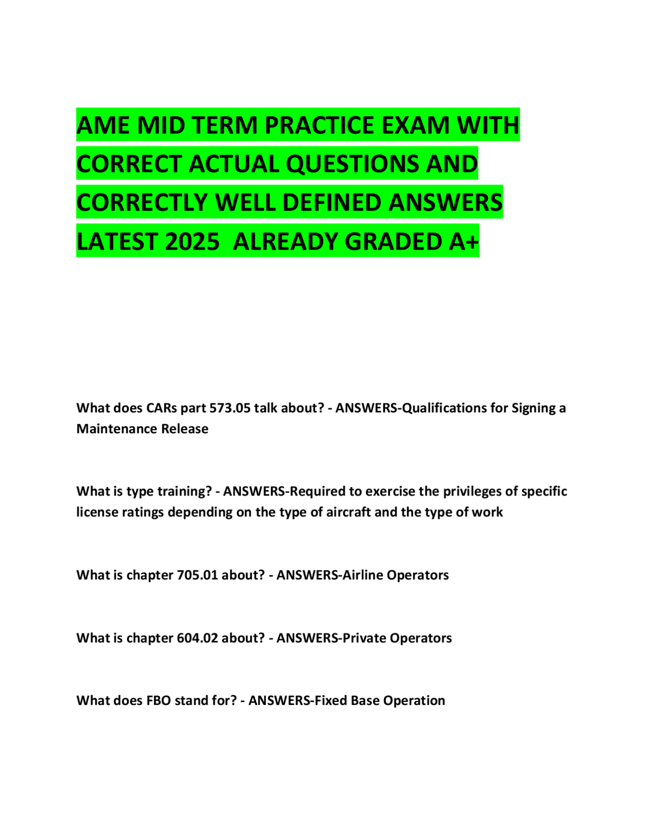 AME MIDTERM PRACTICE EXAM WITH CORRECT ACTUAL QUESTIONS AND CORRECTLY WELL DEFINED ANSWERs ...