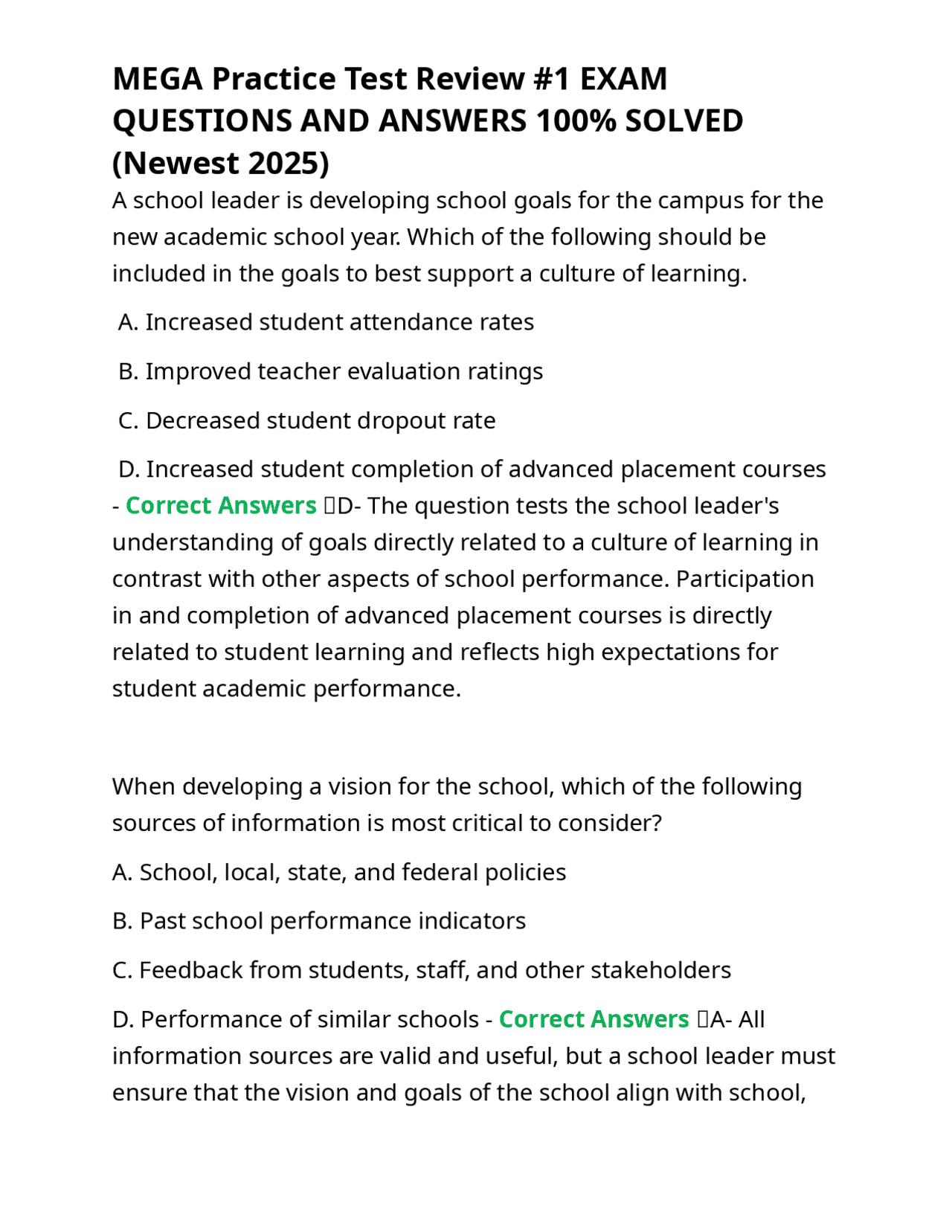 MEGA Practice Test Review #1 EXAM QUESTIONS AND ANSWERS 100% SOLVED ...