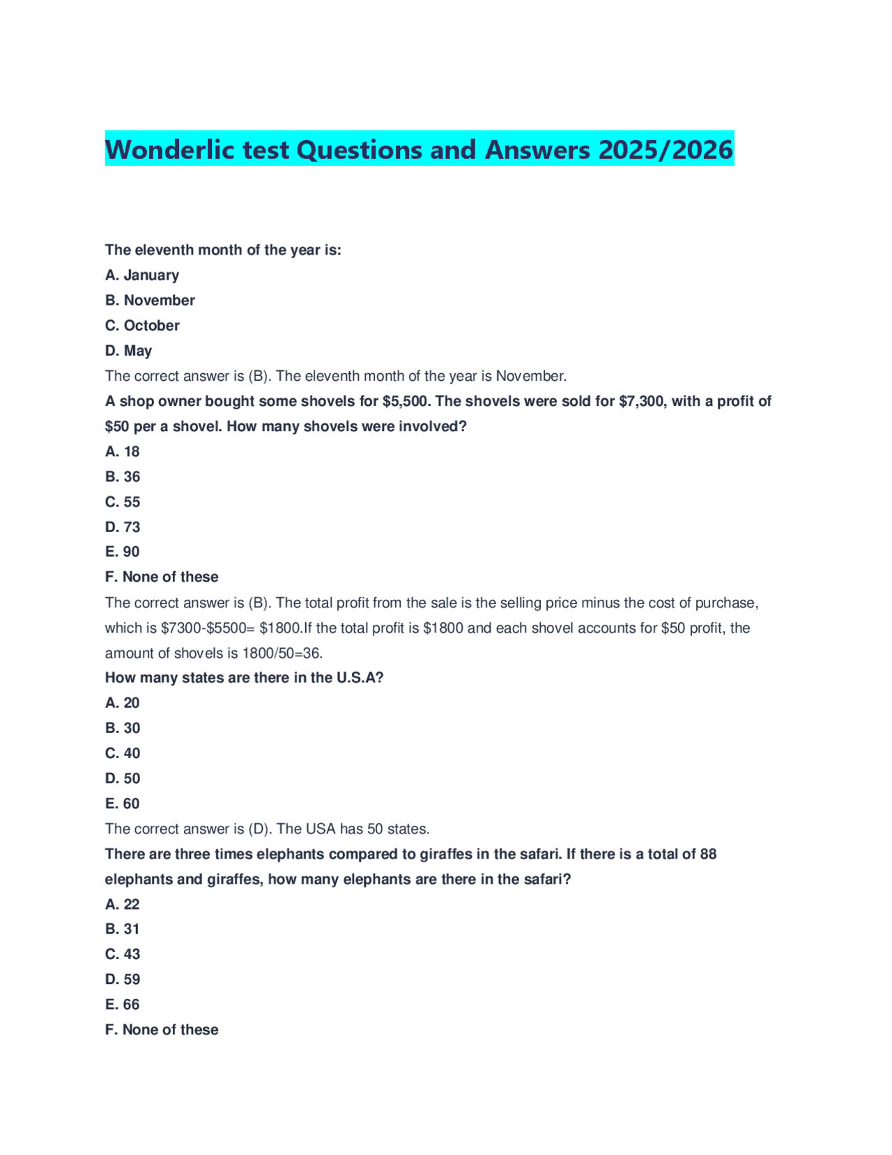 Wonderlic test Questions and Answers 2025/2026 | Exams Physical ...