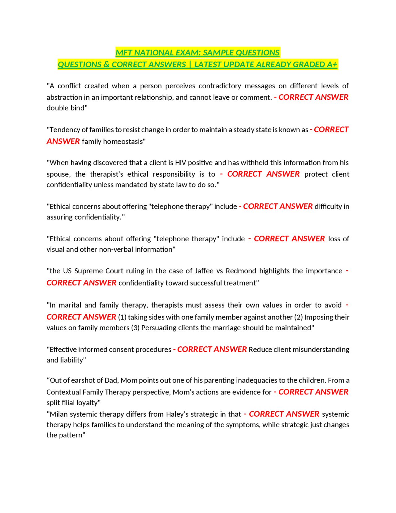 MFT National Exam: Sample Questions and Answers | Exams Occupational ...