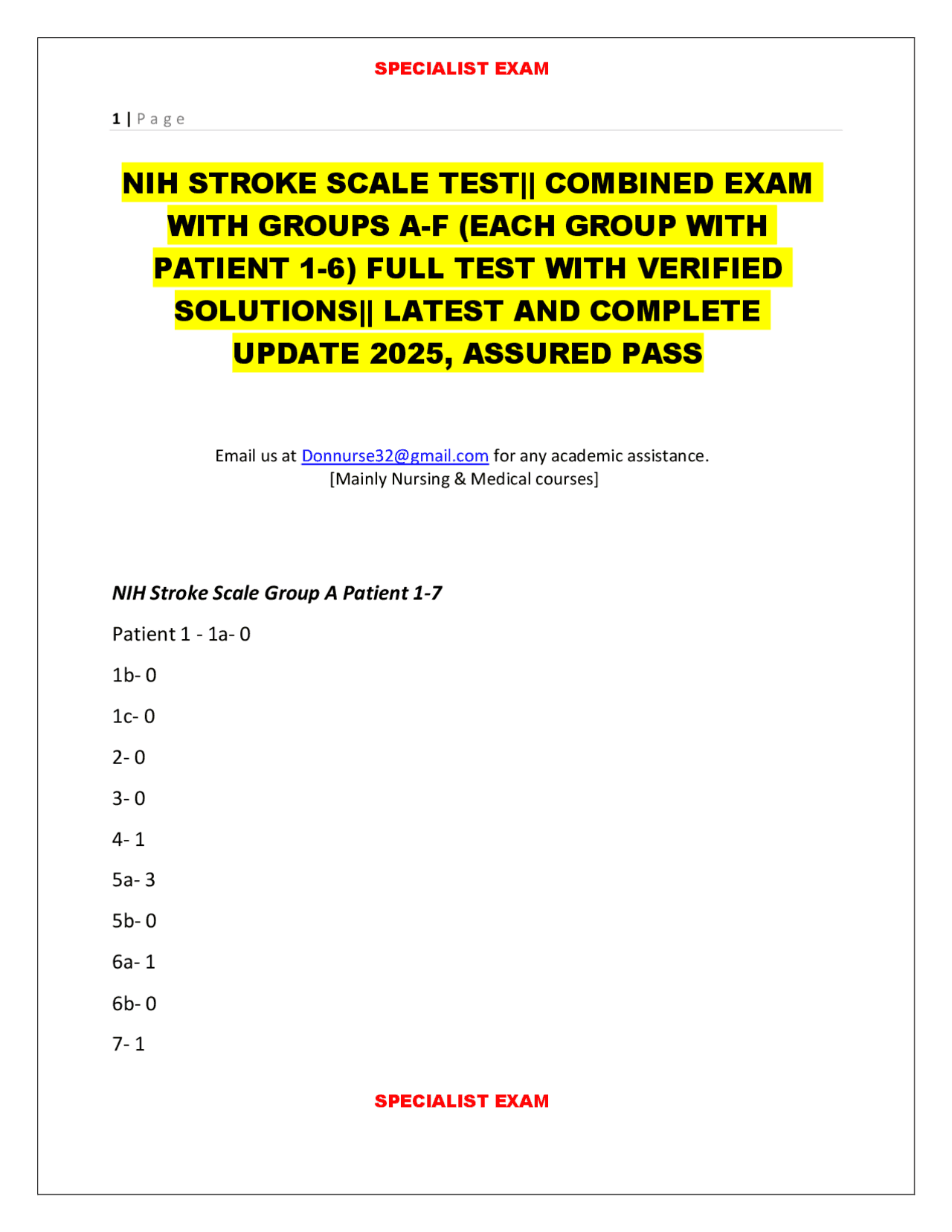 NIH STROKE SCALE TEST|| COMBINED EXAM WITH GROUPS A-F (EACH GROUP WITH ...