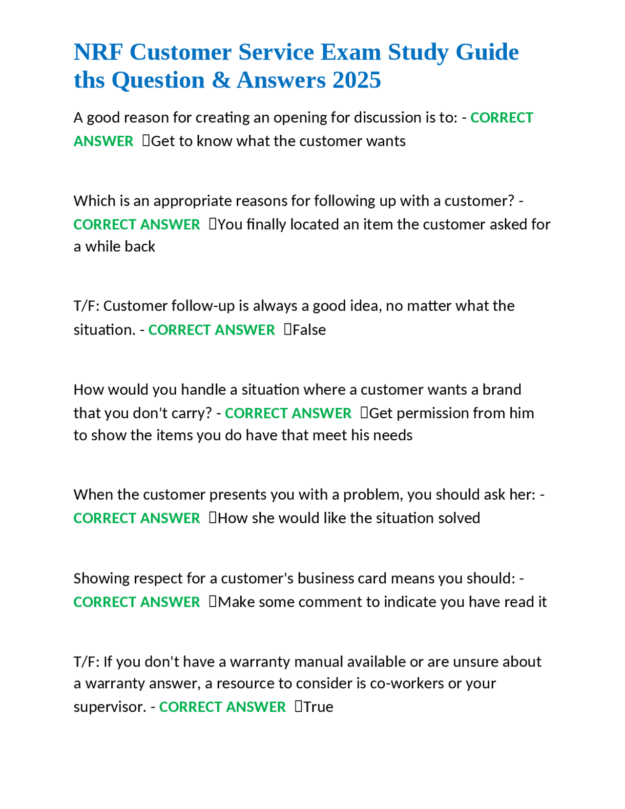 NRF Customer Service Exam Study Guide: Questions & Answers 2025 | Exams ...