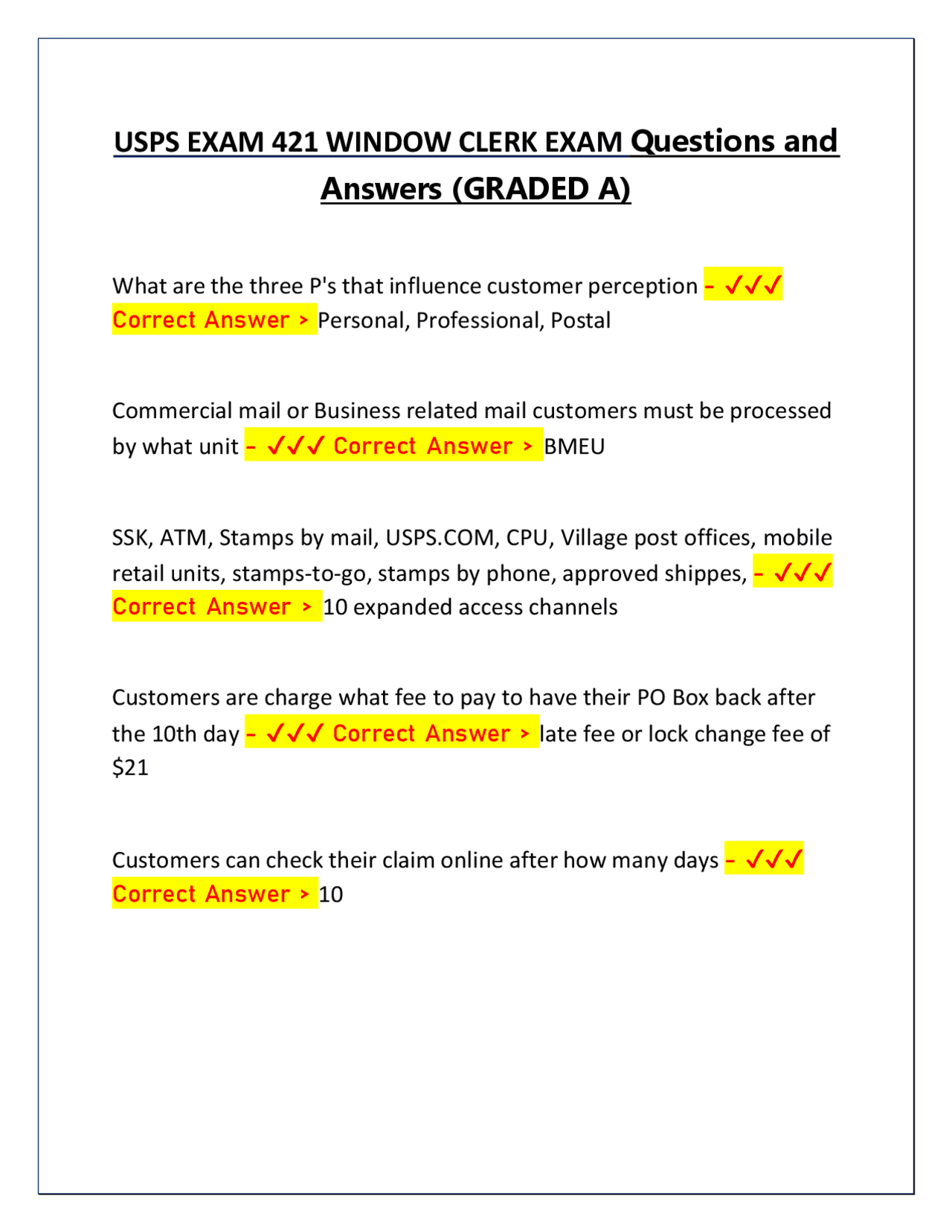 USPS EXAM 421 WINDOW CLERK EXAM Questions and Answers (GRADED A ...