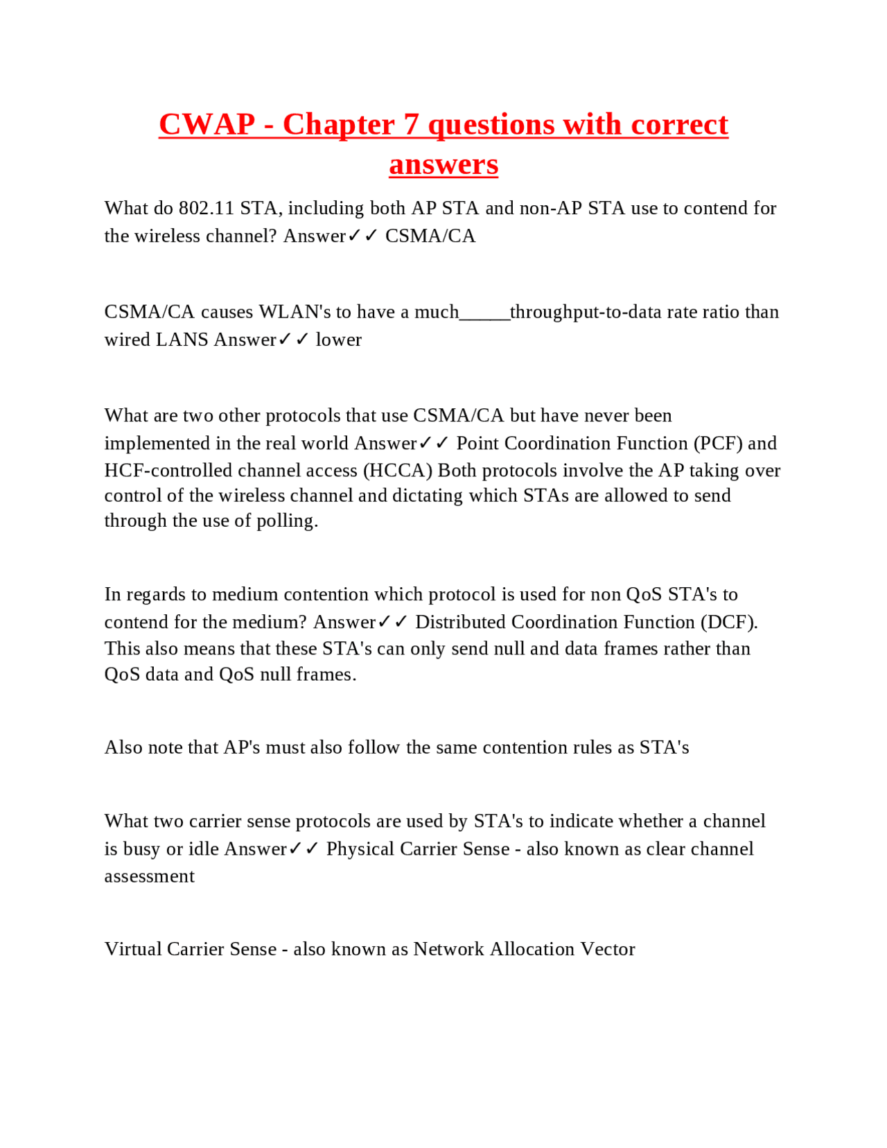 CWAP - Chapter 7 questions with correct answers | Exams Nursing | Docsity