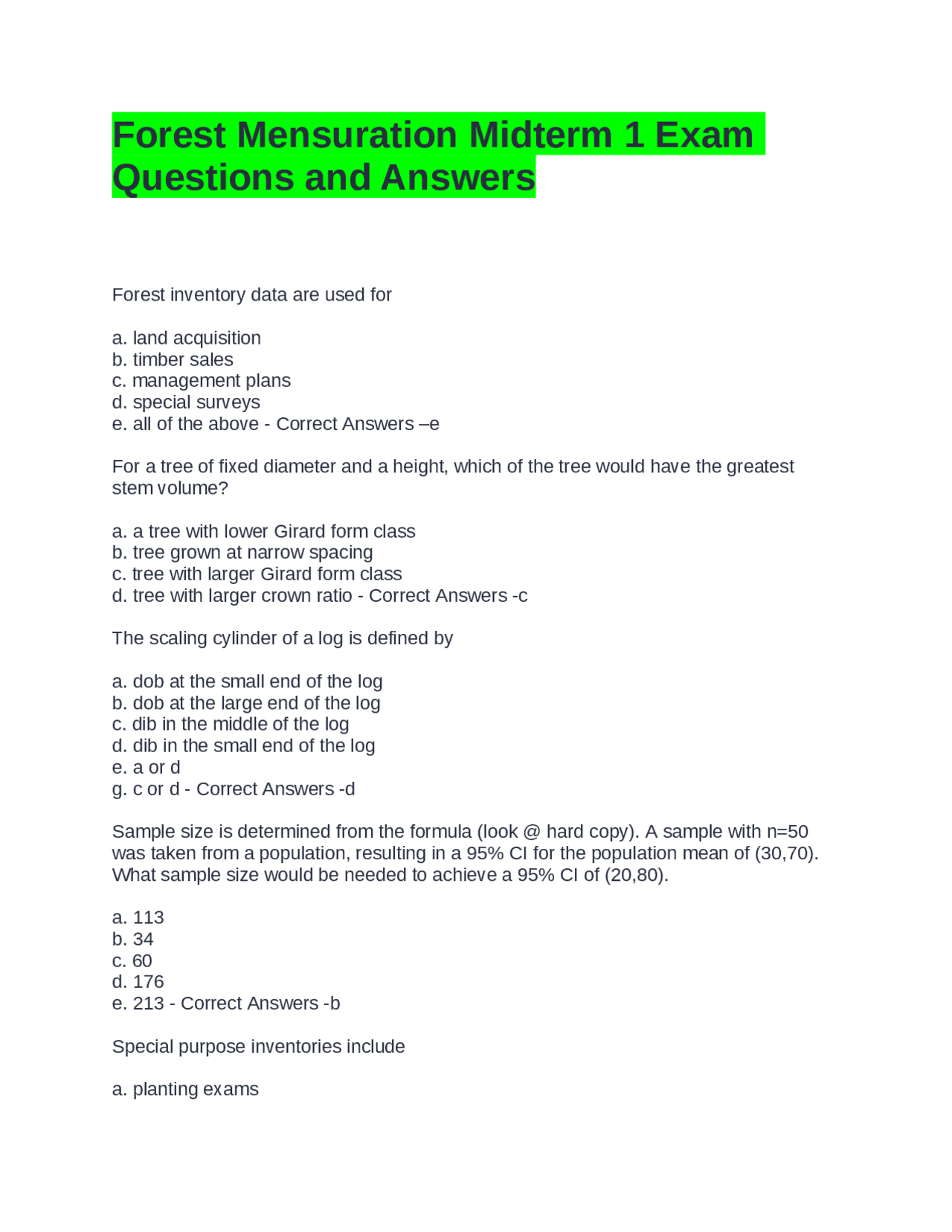 Forest Mensuration Midterm 1 Exam: Questions and Answers | Exams ...
