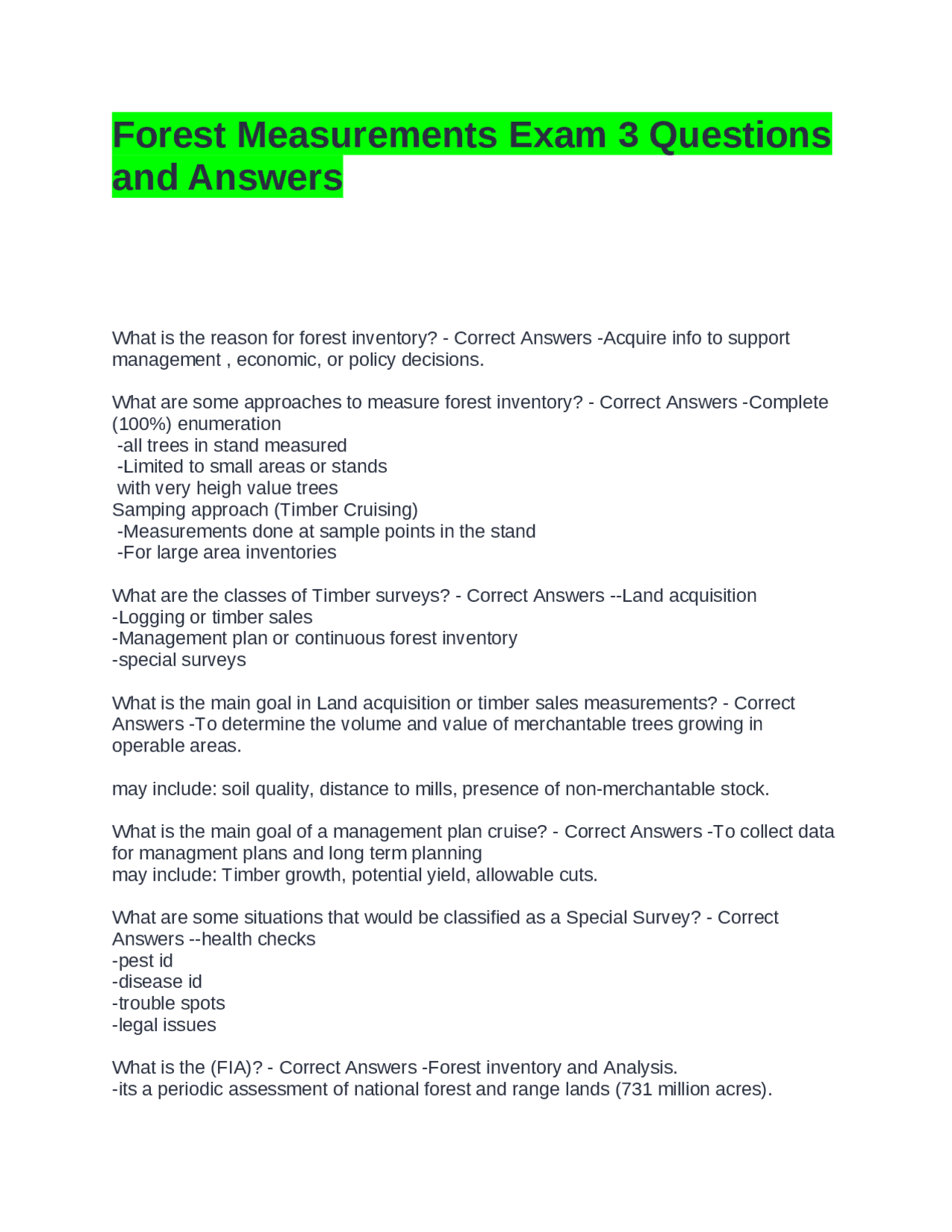 Forest Measurements Exam 3 Questions and Answers ||Verified | Exams ...