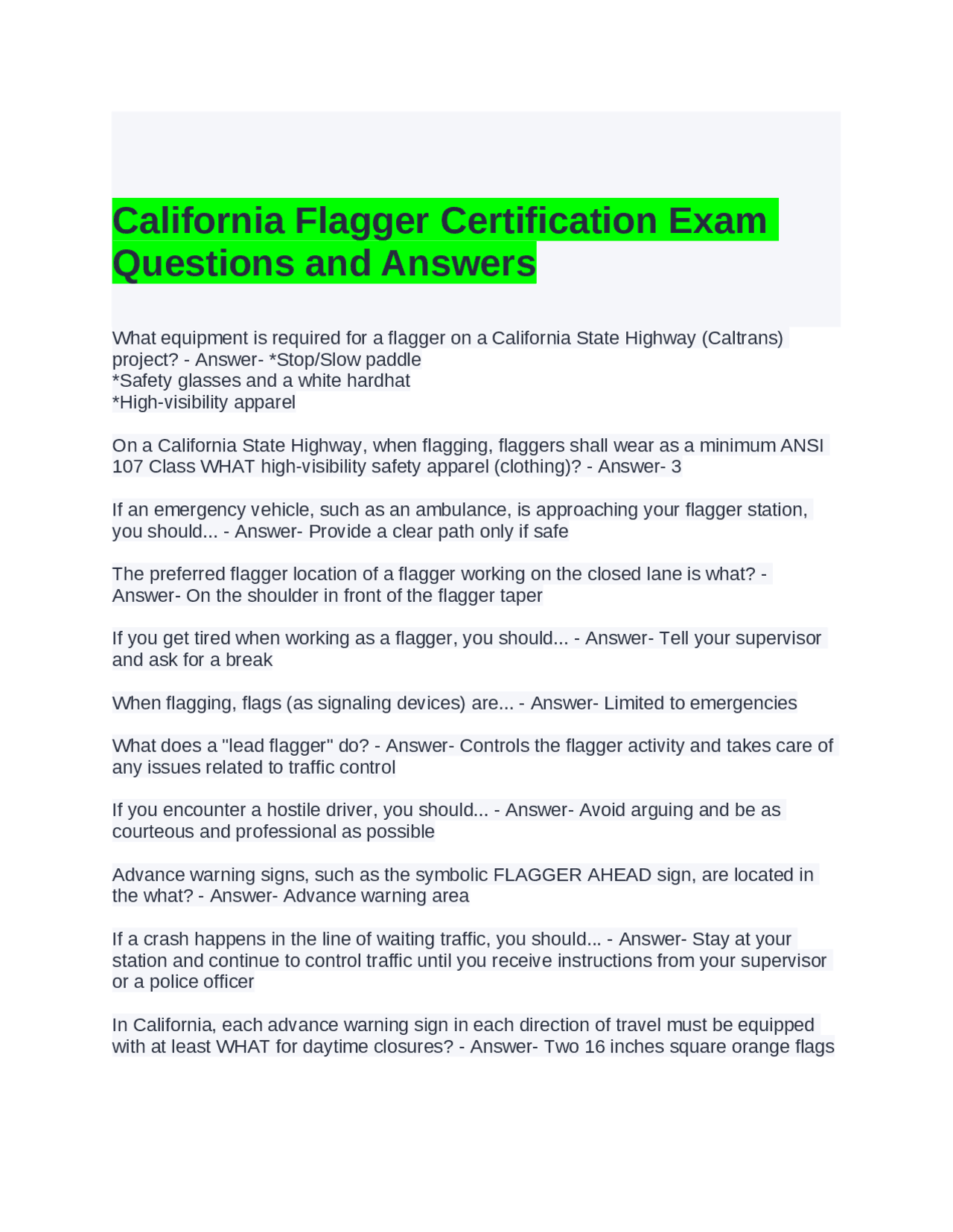 California Flagger Certification Exam: Questions and Answers | Exams ...