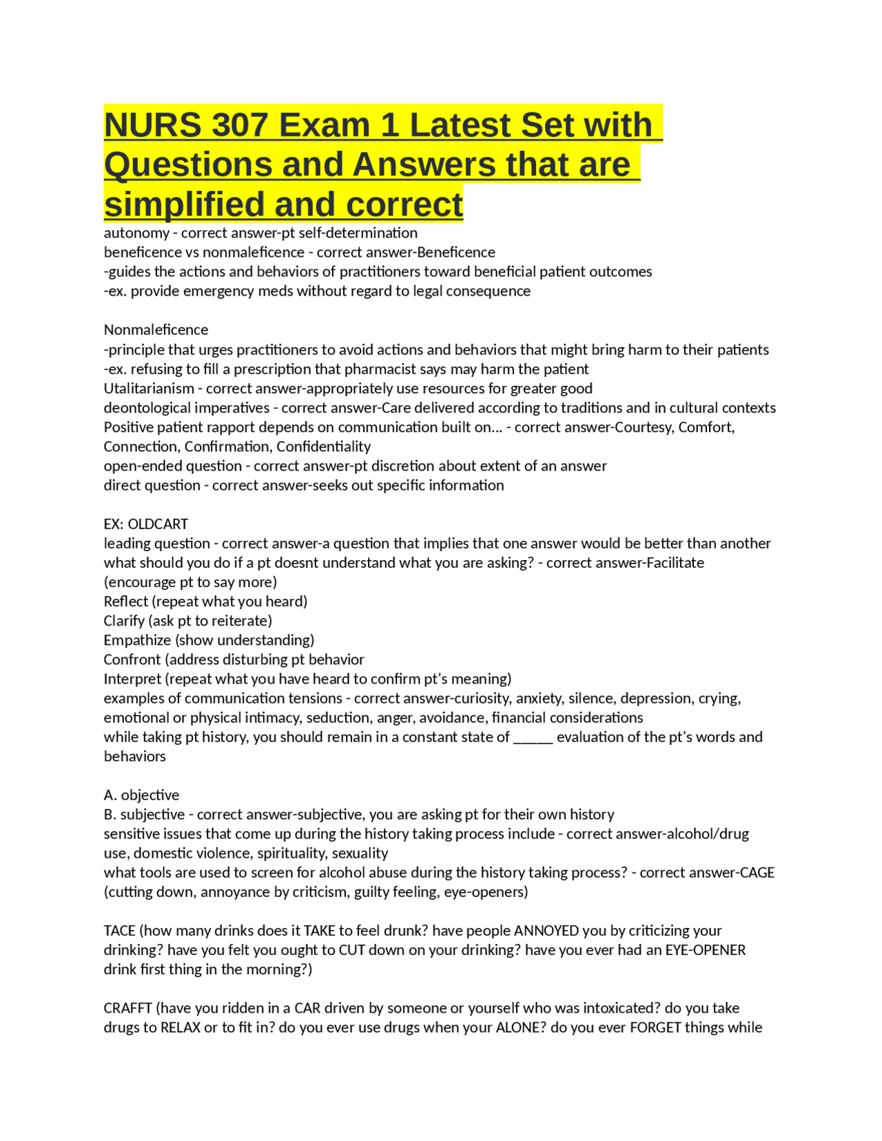 NURS 307 Exam 1 Study Guide: Key Concepts and Communication Skills ...