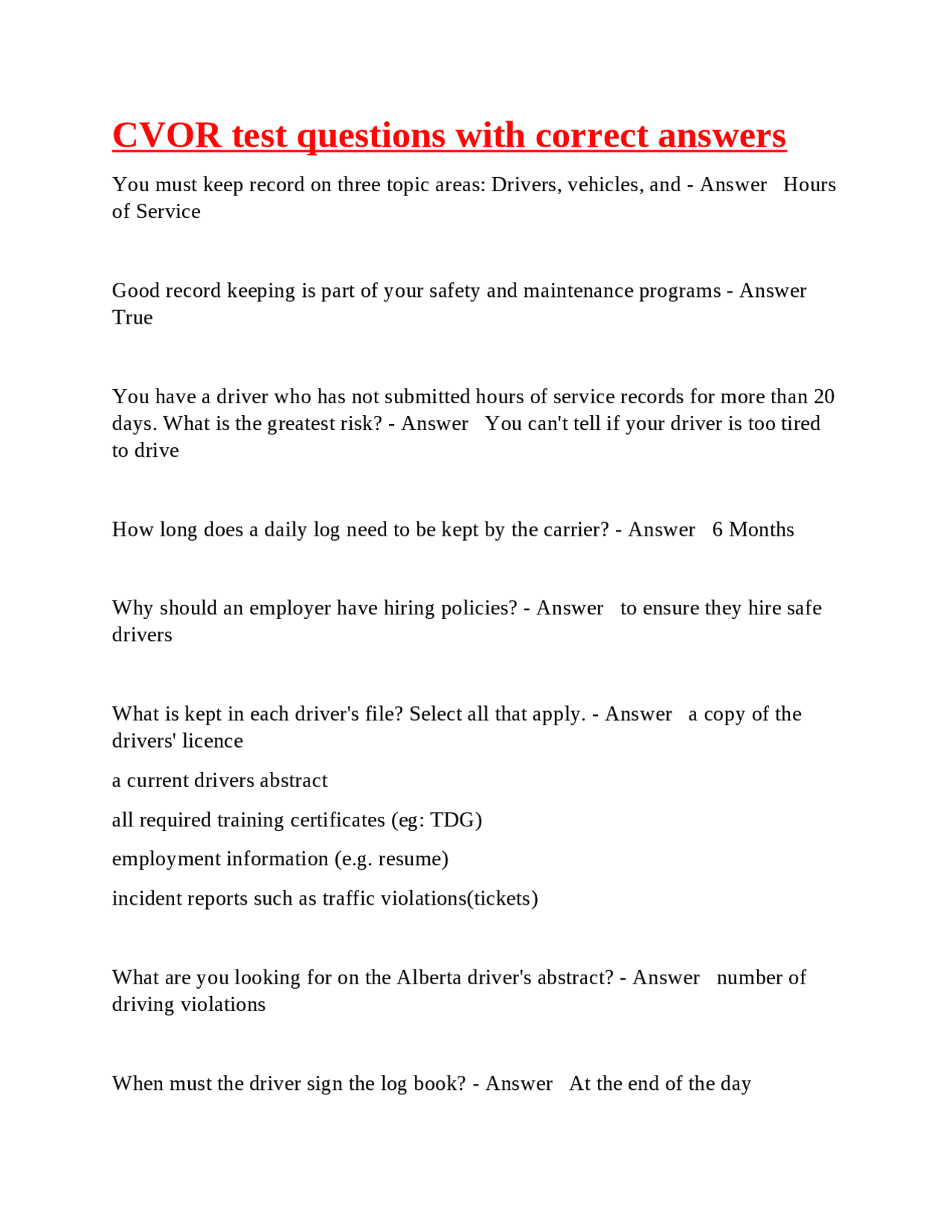 CVOR Test Questions and Answers: Commercial Vehicle Regulations in ...