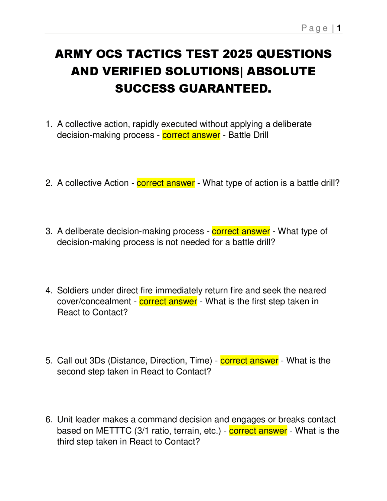 ARMY OCS TACTICS TEST 2025 QUESTIONS AND VERIFIED SOLUTIONS| ABSOLUTE ...