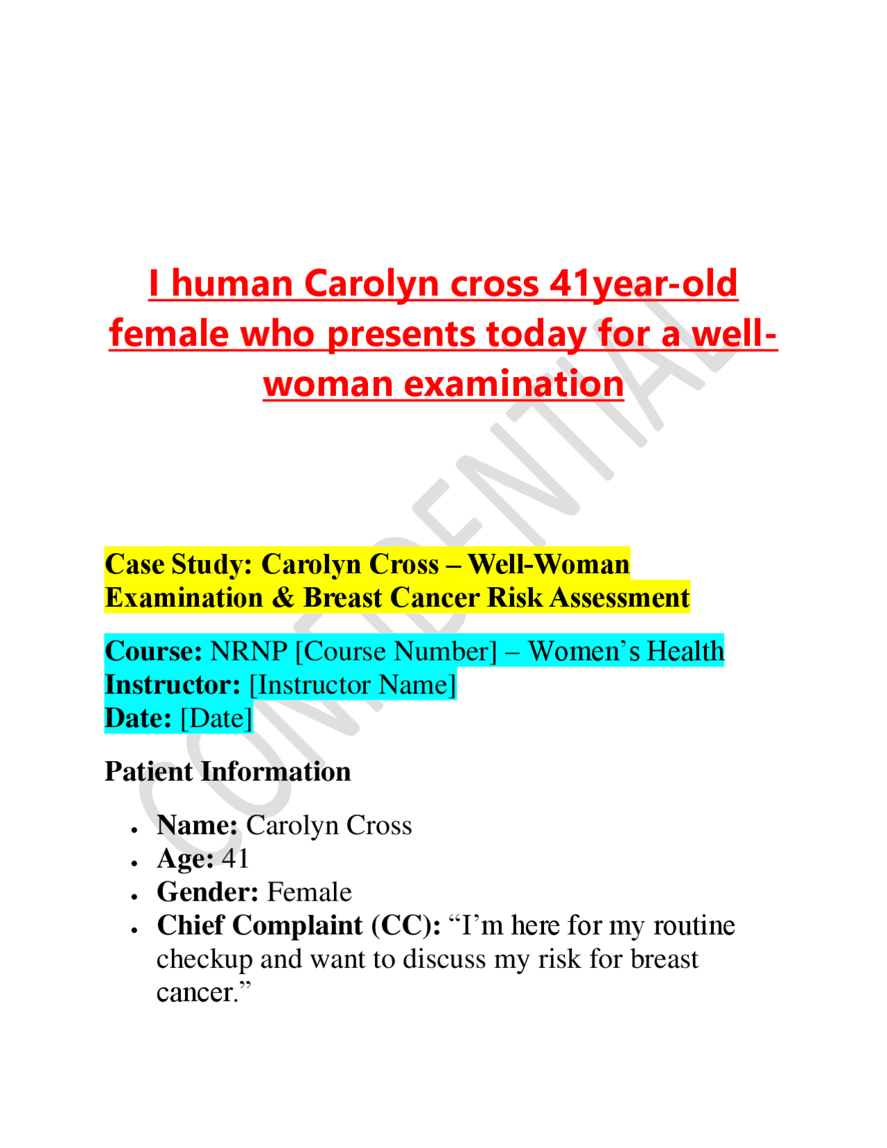 Case Study: Carolyn Cross - Well-Woman Examination & Breast Cancer Risk Assessment | Exams ...