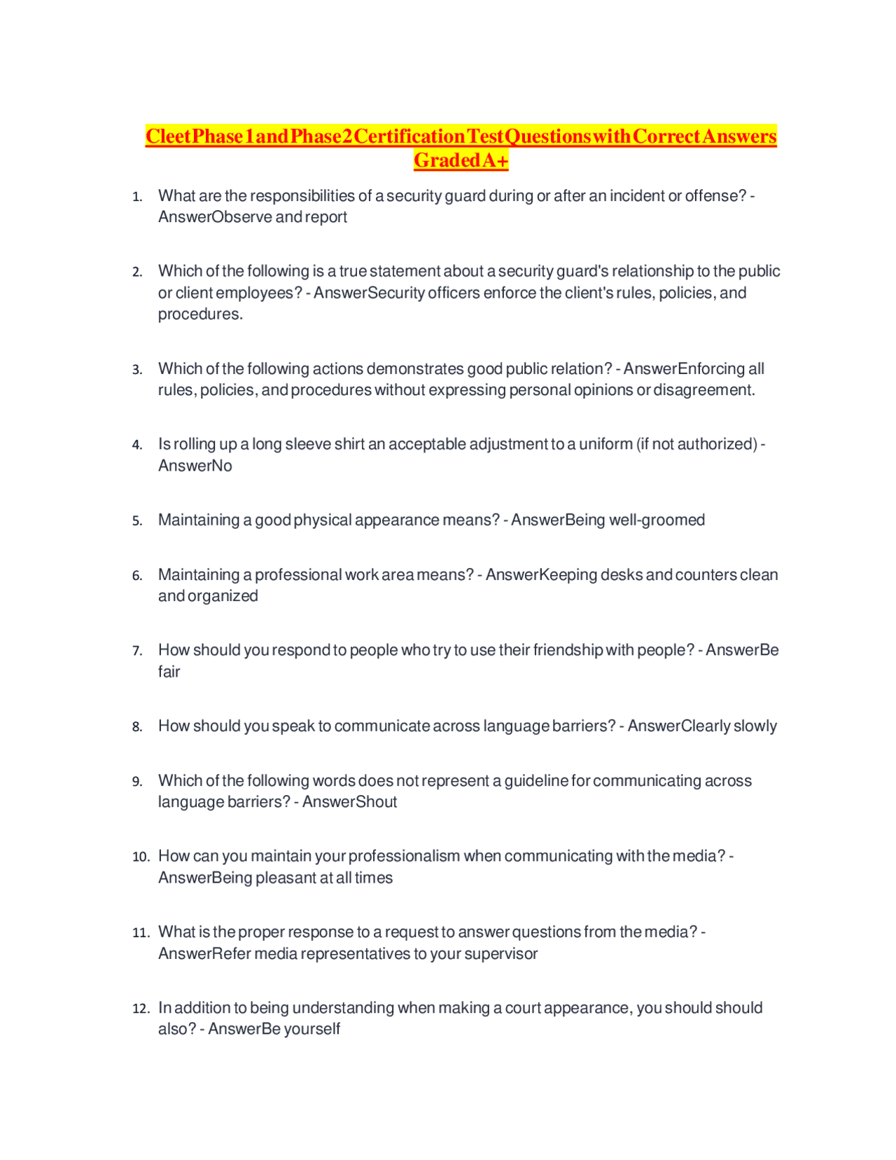 Cleet Phase 1 and Phase 2 Certification Test Questions and Answers ...