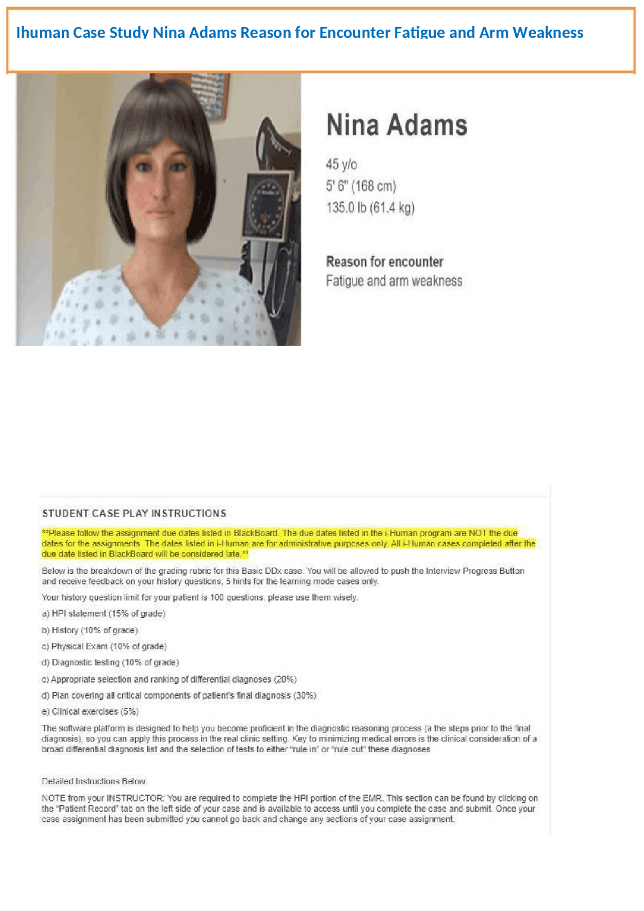 Ihuman Case Study Nina Adams Reason for Encounter Fatigue and Arm ...