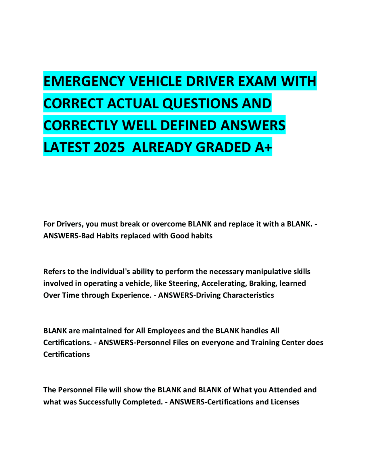 EMERGENCY VEHICLE DRIVER EXAM WITH CORRECT ACTUAL QUESTIONS | Exams ...