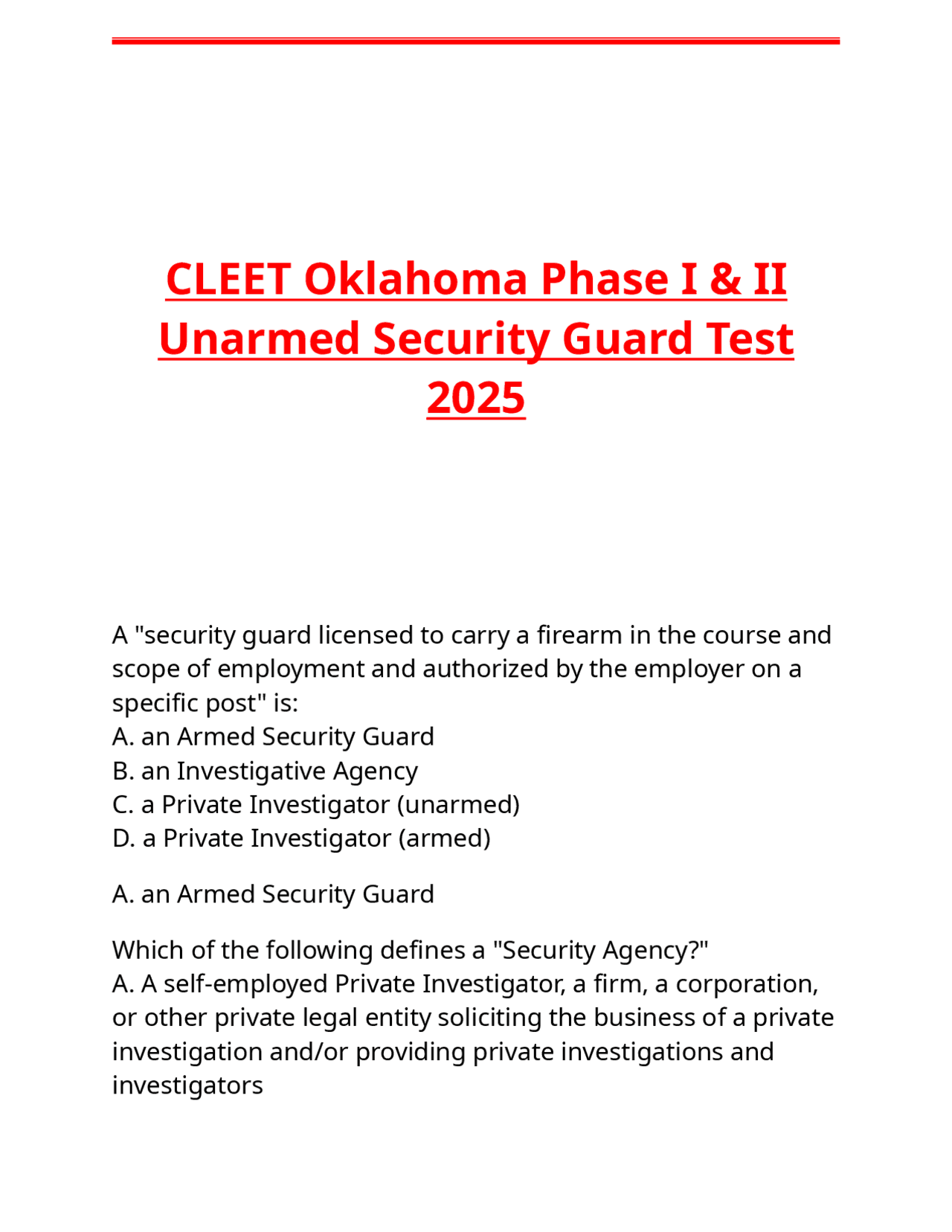 CLEET Oklahoma Phase I & II Unarmed Security Guard Test 2025.docx ...