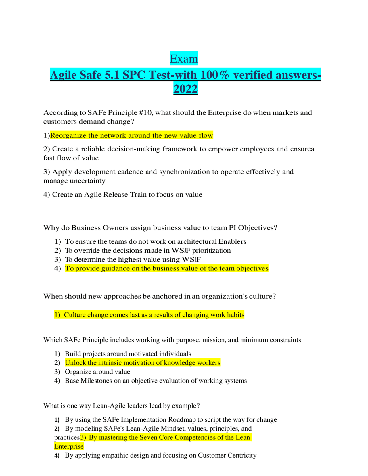 Exam Agile Safe 5.1 SPC Test-with 100% verified answers- 2022 According ...