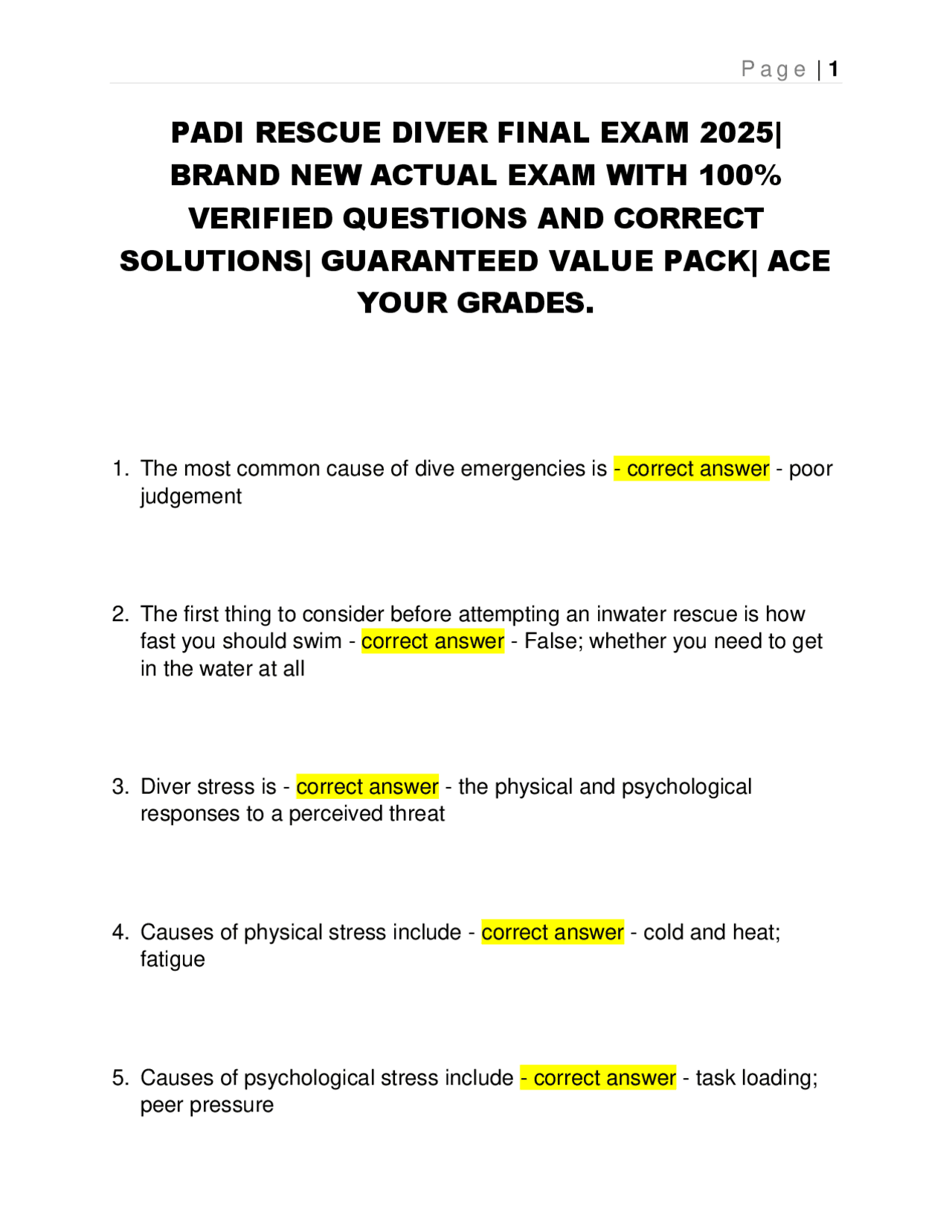 PADI Rescue Diver Final Exam 2025: Study Guide with Verified Questions ...
