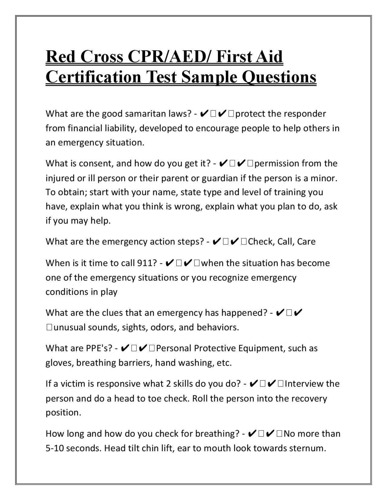Red Cross CPR/AED/First Aid Certification Test Sample Questions | Exams ...