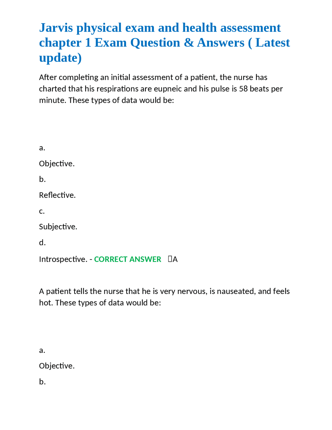 Jarvis Physical Exam and Health Assessment: Chapter 1 Exam Questions ...