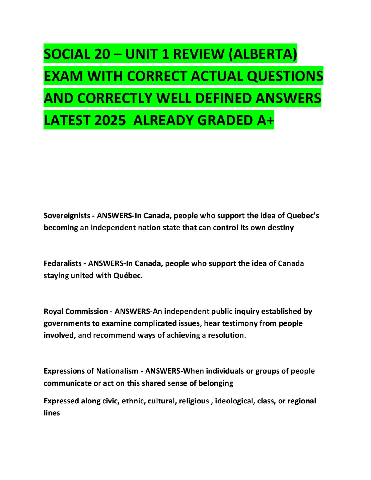 SOCIAL 20 – UNIT 1 REVIEW (ALBERTA) EXAM WITH CORRECT ACTUAL QUESTIONS ...