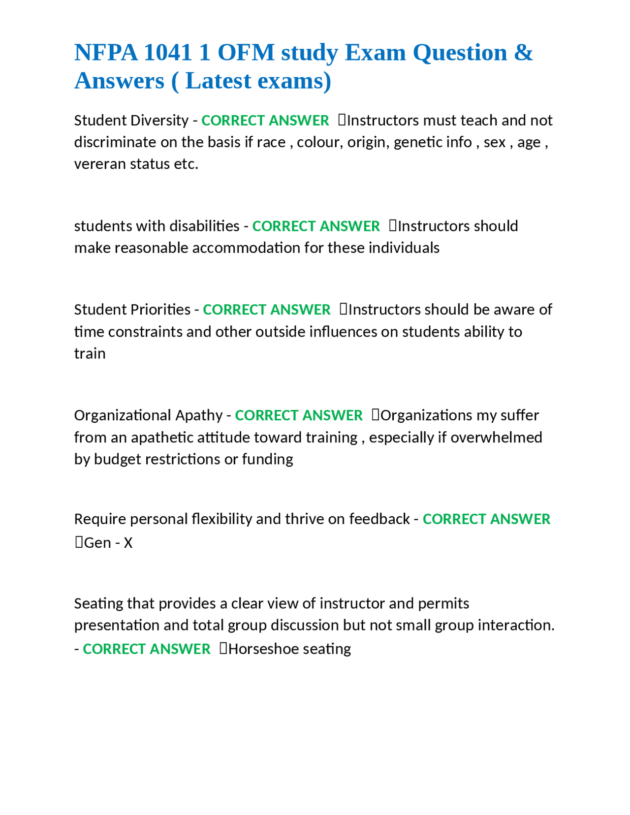 NFPA 1041 1 OFM Study Exam Questions and Answers | Exams Nursing | Docsity