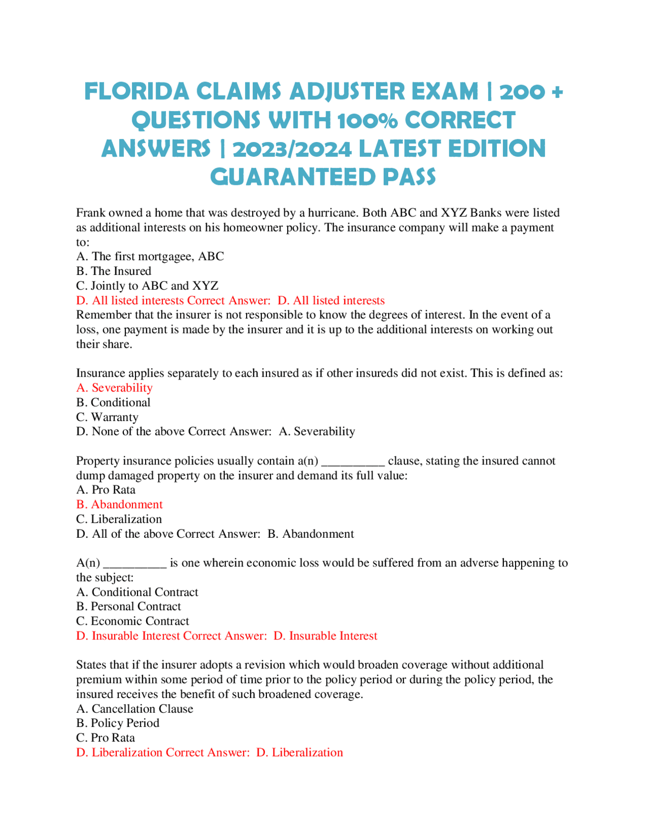 FLORIDA CLAIMS ADJUSTER EXAM 200 + QUESTIONS WITH 100% CORRECT ANSWERS ...