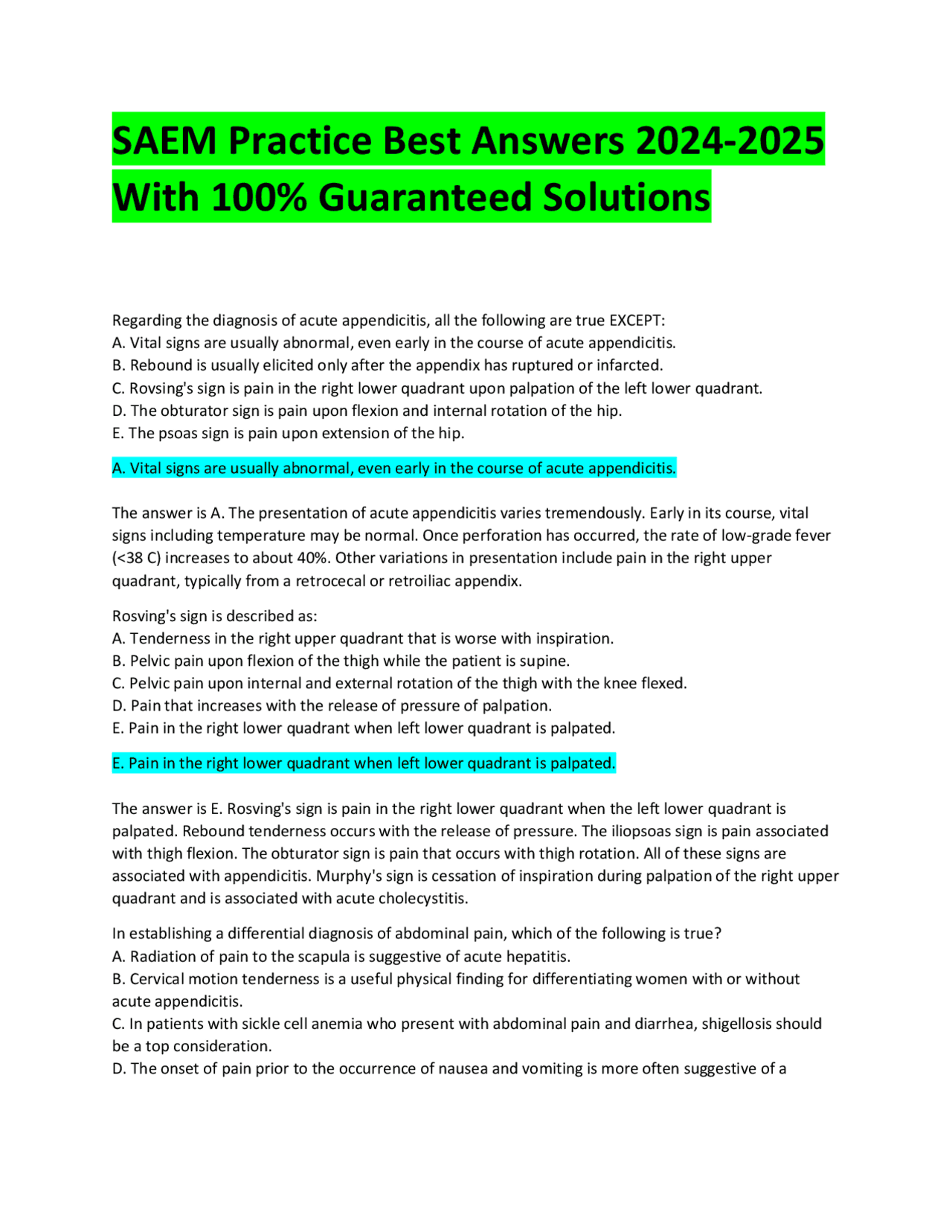SAEM Practice Best Answers 2024-2025 With 100% Guaranteed Solutions ...
