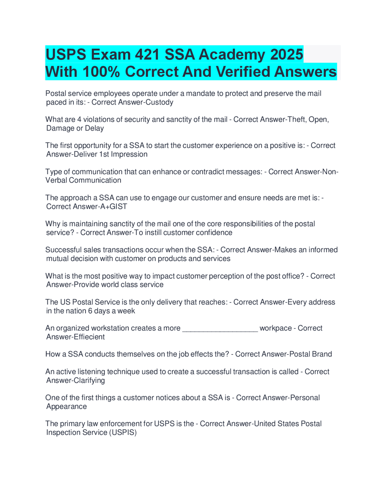 USPS Exam 421 SSA Academy 2025: Study Guide with Answers | Exams ...