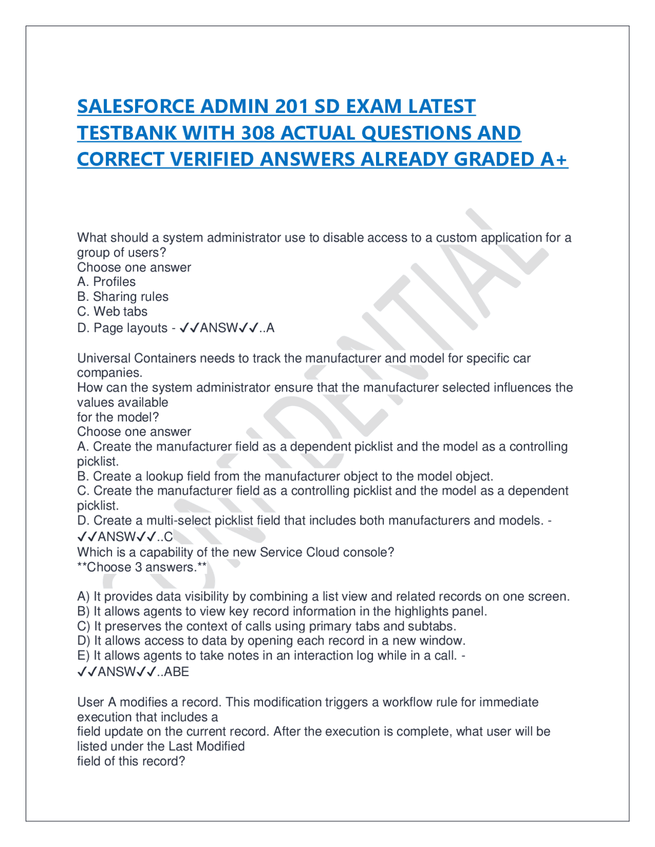 Salesforce Admin 201 SD Exam Latest Testbank | Exams Nursing | Docsity