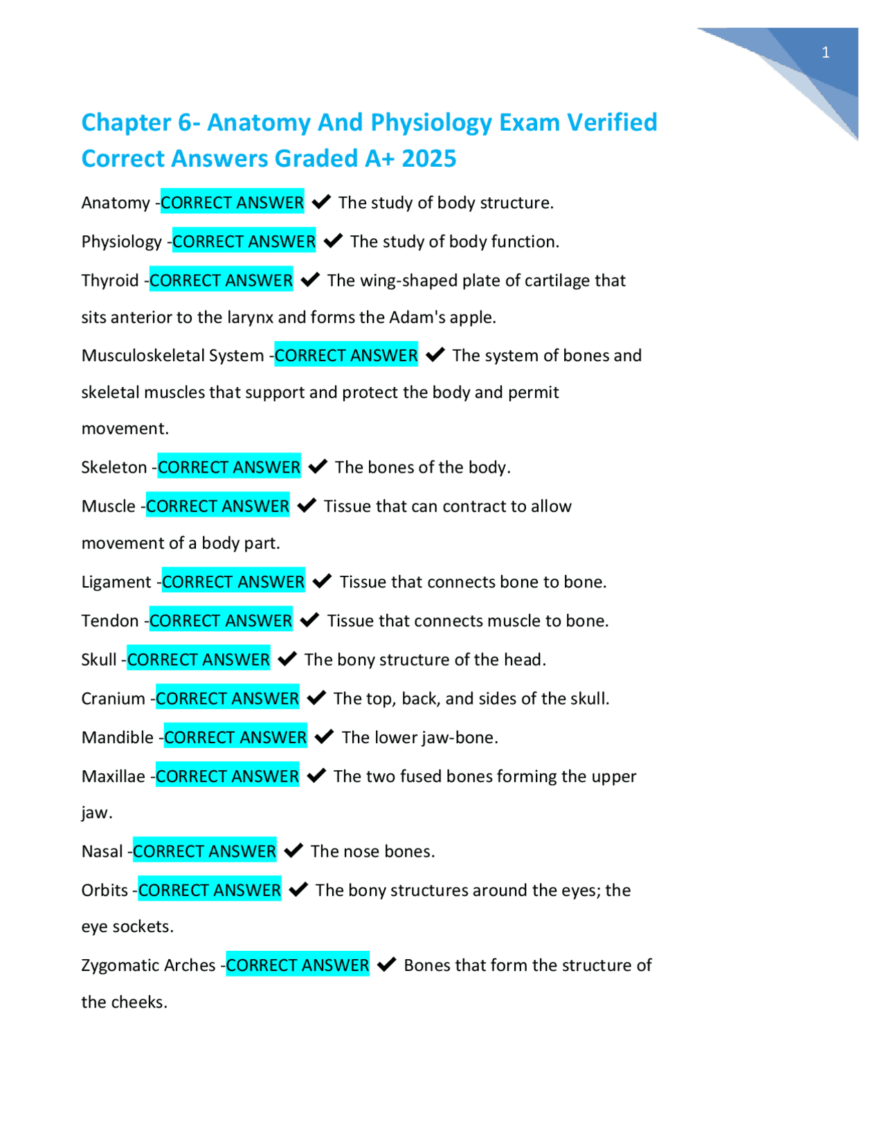 Chapter 6- Anatomy And Physiology Exam Verified Correct Answers Graded ...