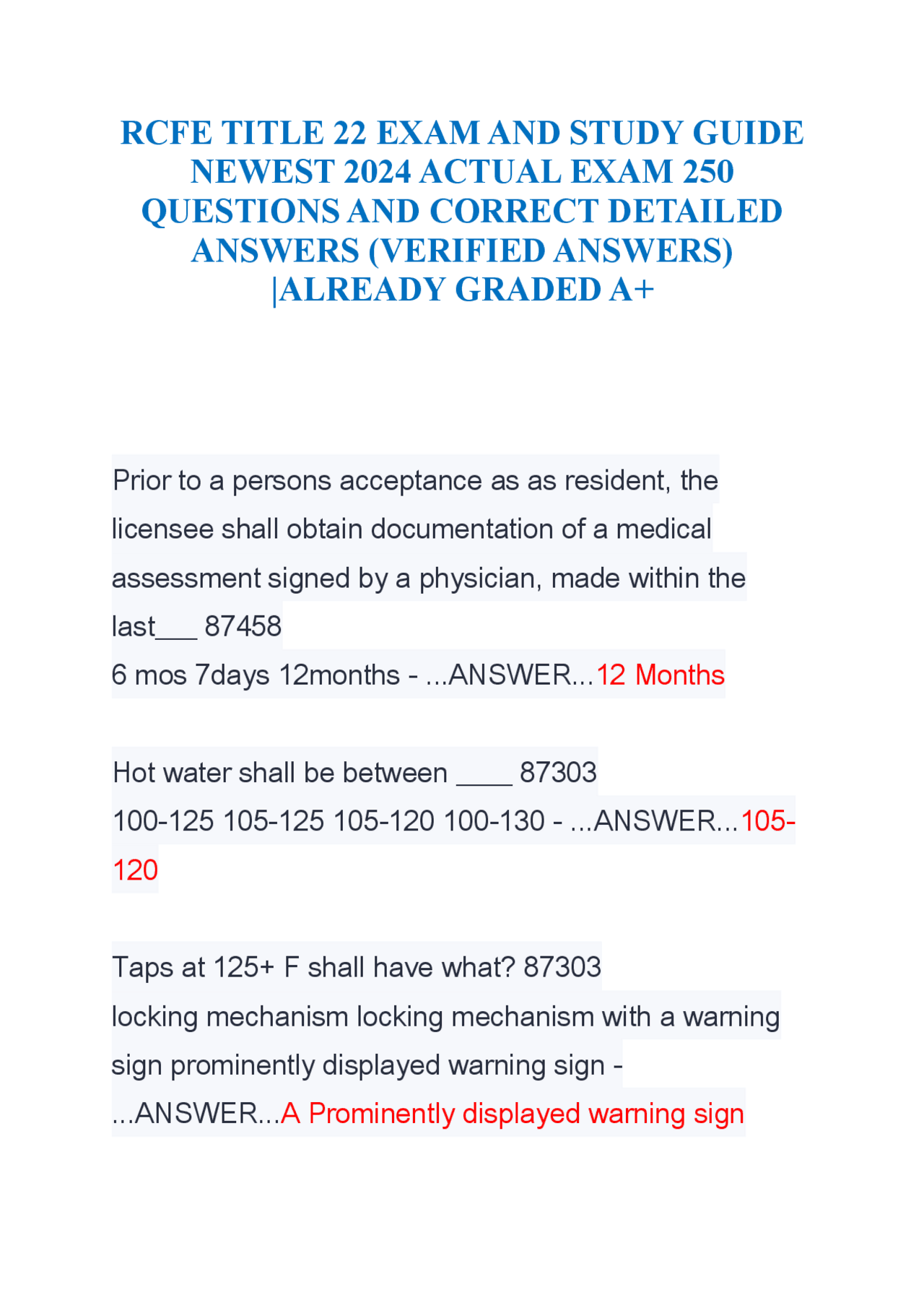 RCFE Title 22 Exam and Study Guide: 2024 Actual Exam Questions and ...