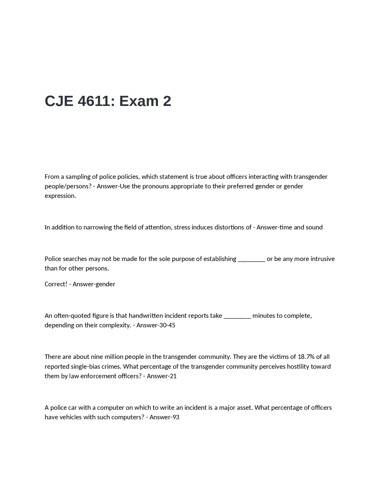 CJE 4611: Exam 2 - Criminal Justice Multiple Choice Questions and ...