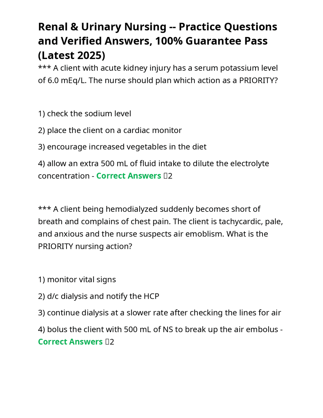 Renal & Urinary Nursing Practice Questions and Answers | Exams Nursing ...