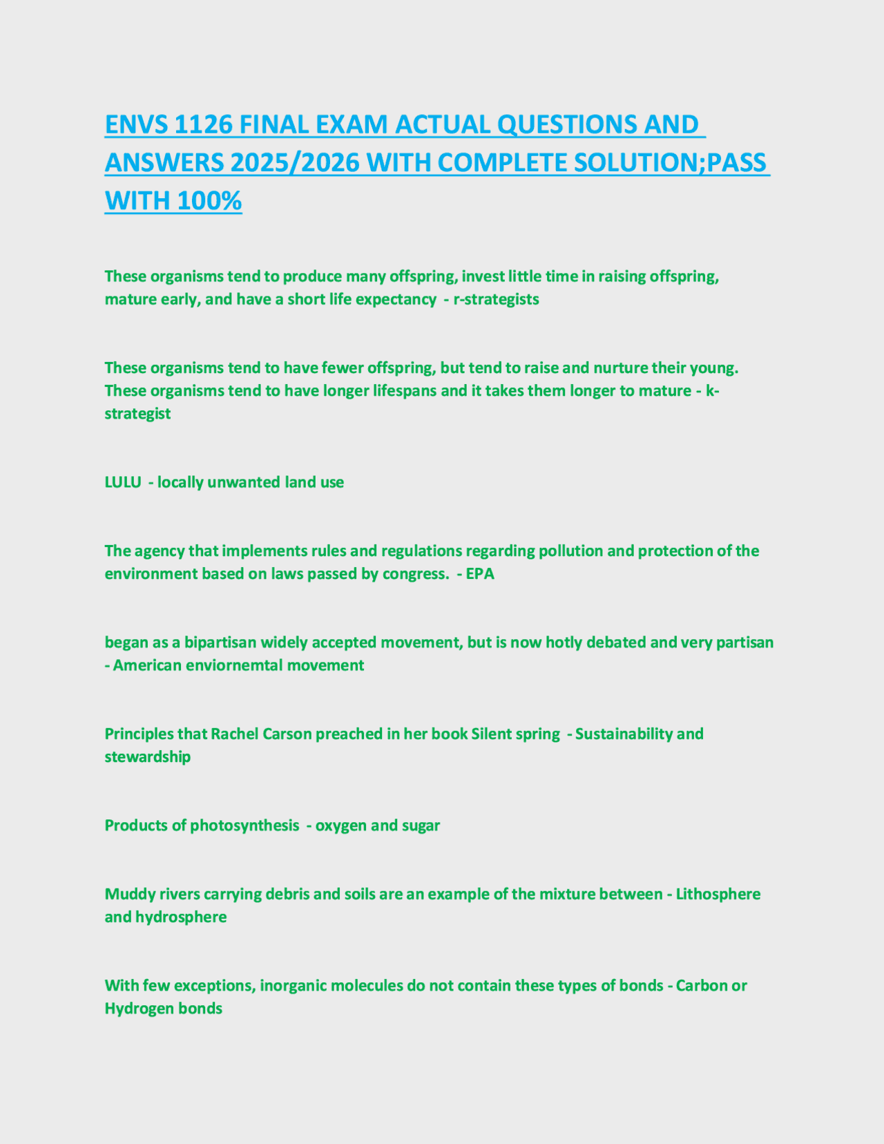 ENVS 1126 FINAL EXAM ACTUAL QUESTIONS AND ANSWERS 2025/2026 WITH ...