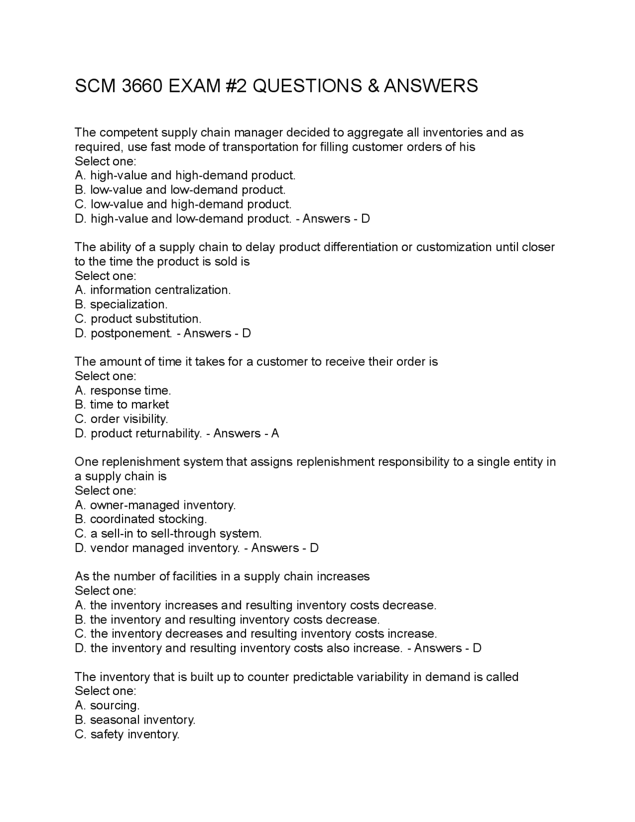 SCM 3660 EXAM #2 QUESTIONS & ANSWERS | Exams Social Sciences | Docsity