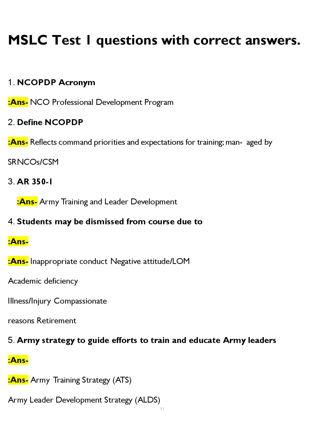 MSLC NCOPD EXAM QUESTIONS WITH CORRECT ANSWERS, Exams of Military ...