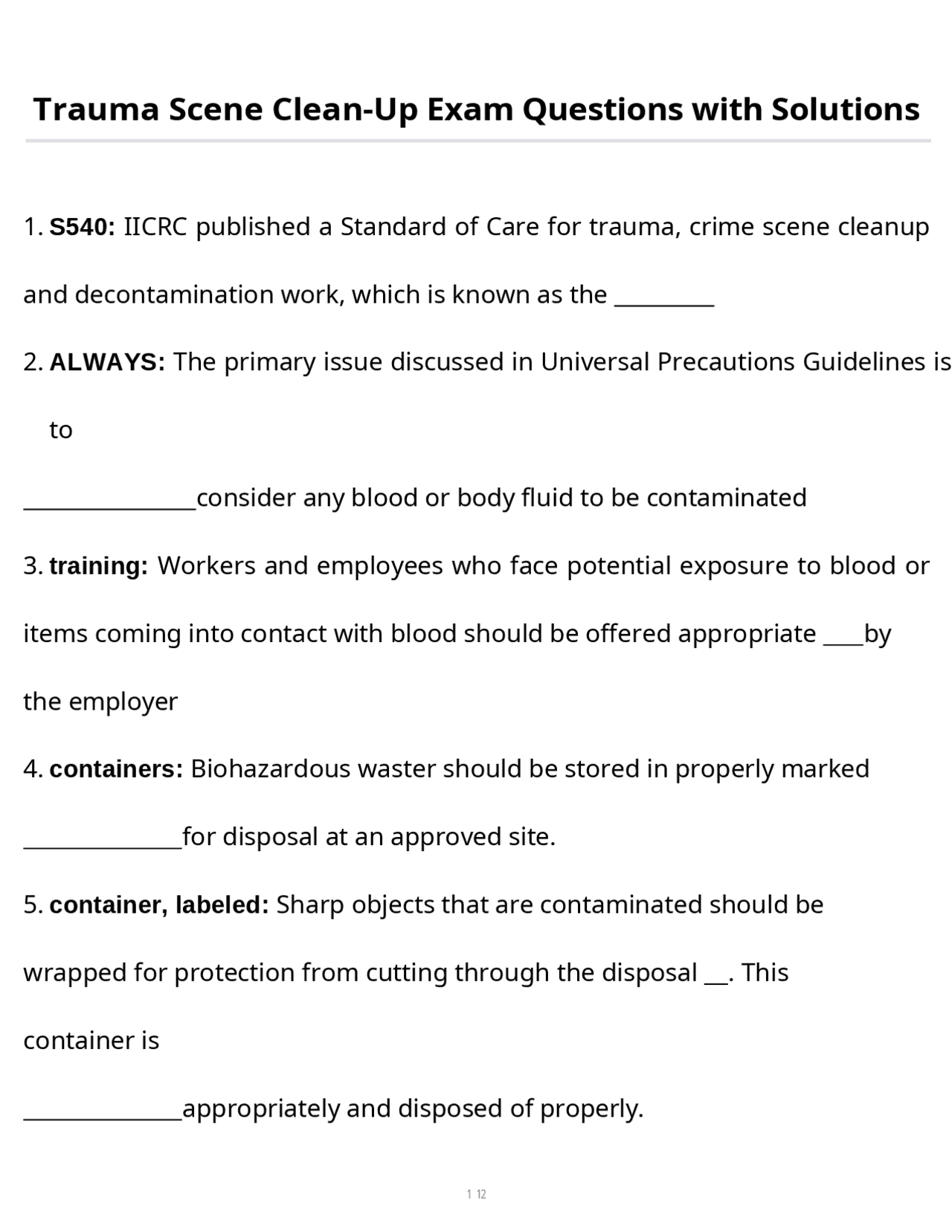 Trauma Scene Clean-Up Exam Questions with Solutions | Exams Medicine ...
