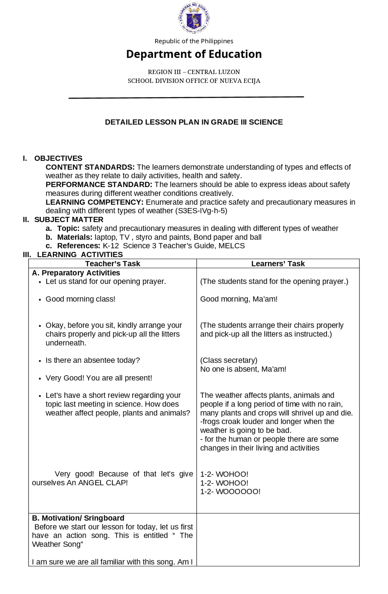 Science detailed lesson plan about weather | Summaries Environmental science | Docsity