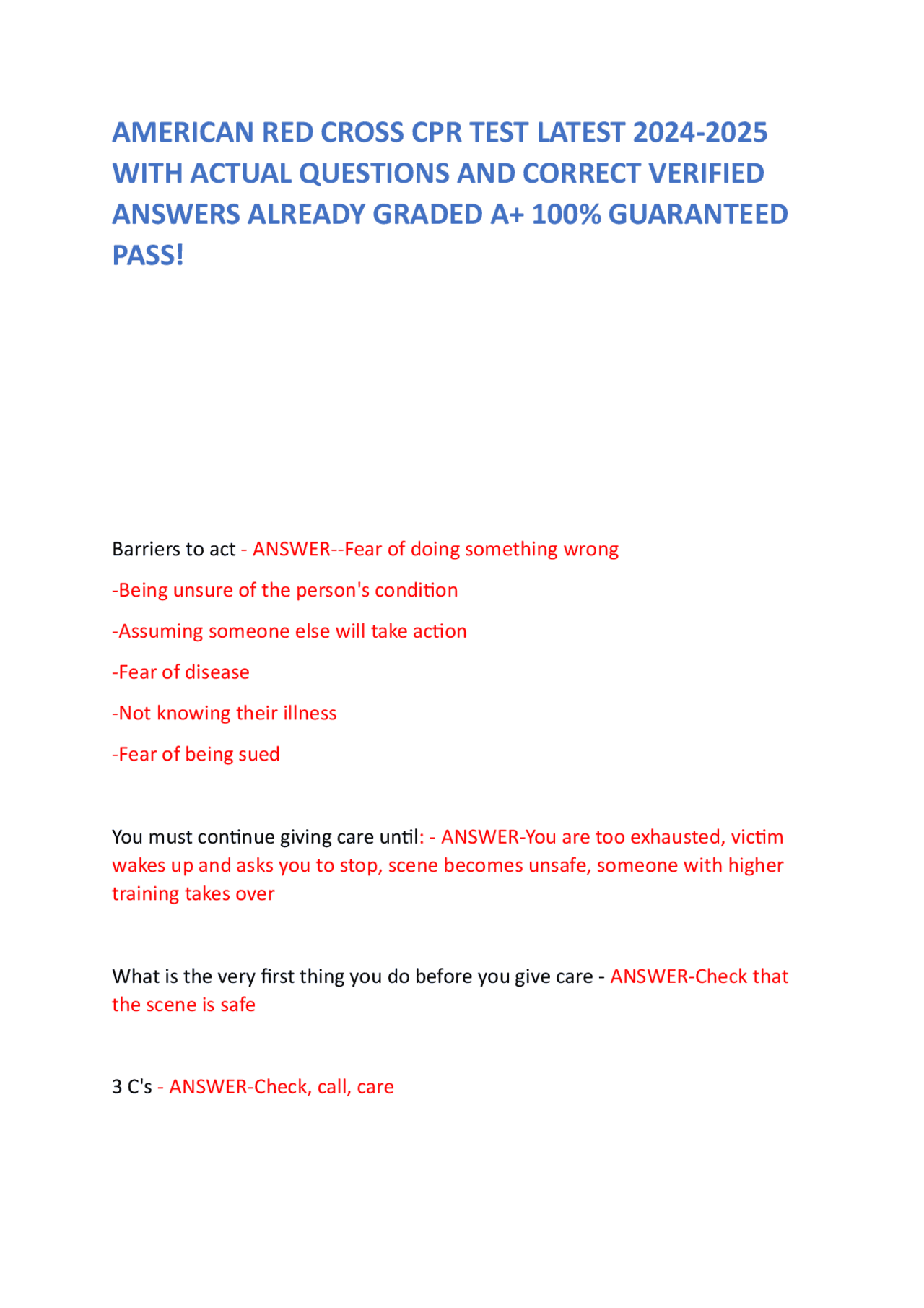 AMERICAN RED CROSS CPR TEST LATEST 2024-2025 WITH ACTUAL QUESTIONS AND ...