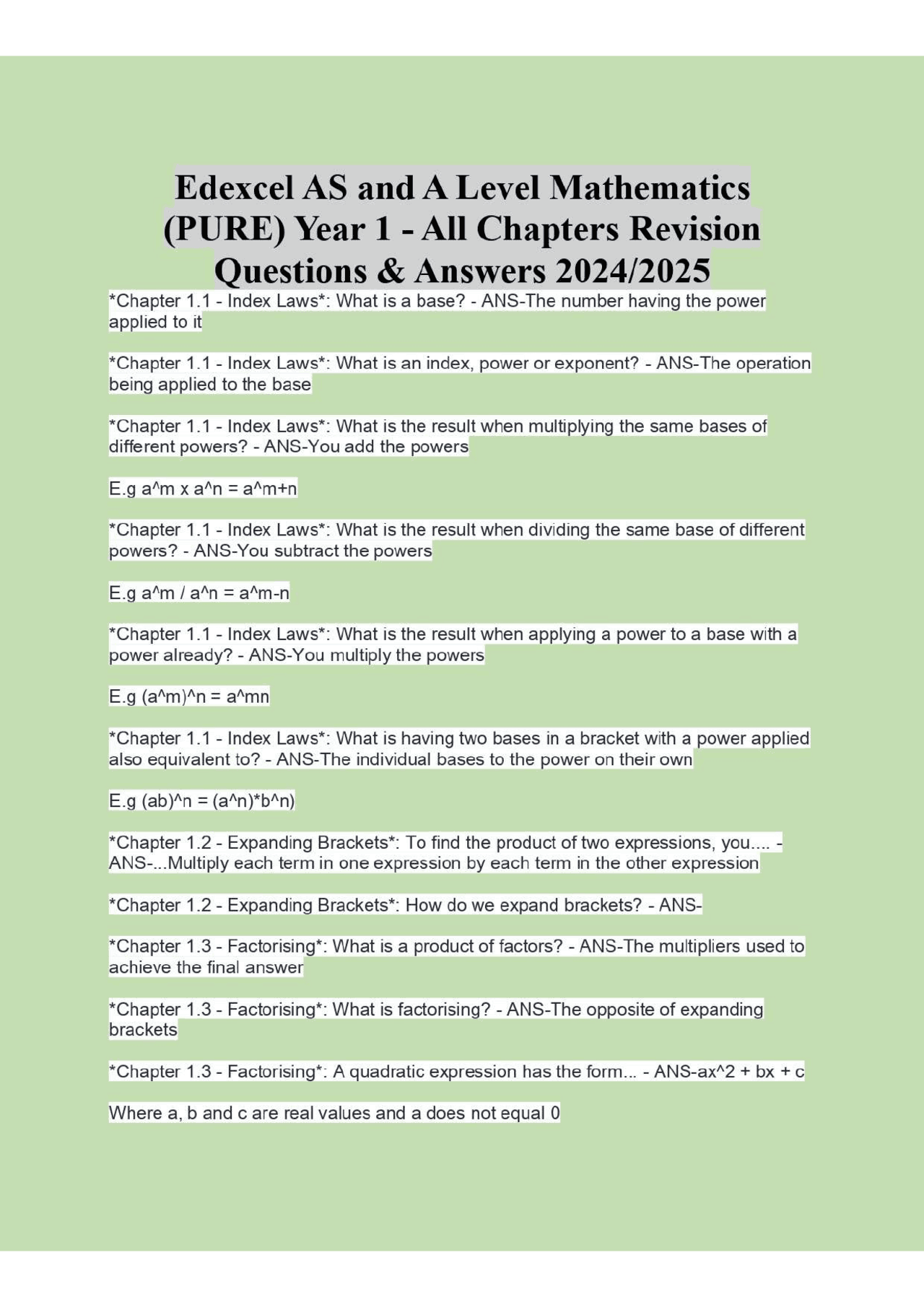 Edexcel AS and A Level Mathematics (PURE) Year 1 -All Chapters Revision ...